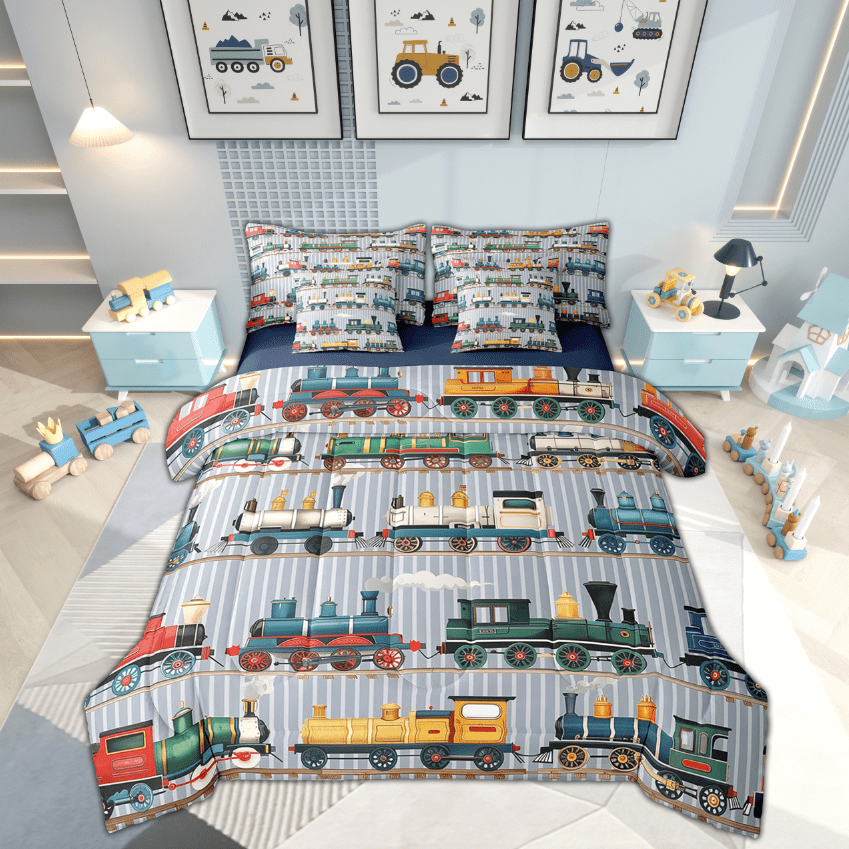 Train Comforter Set Twin Size Colorful Steam Engine Train Bedding Sets ...