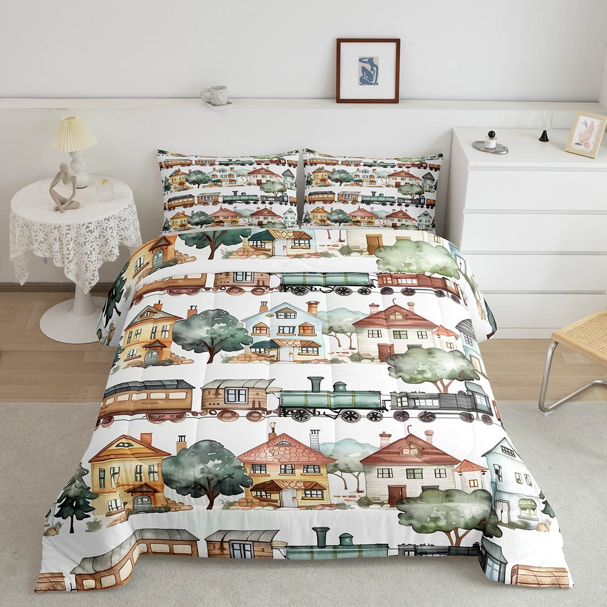 Train Twin Bedding Set Cute Cartoon Train Comforter Set For Teen,Retro ...