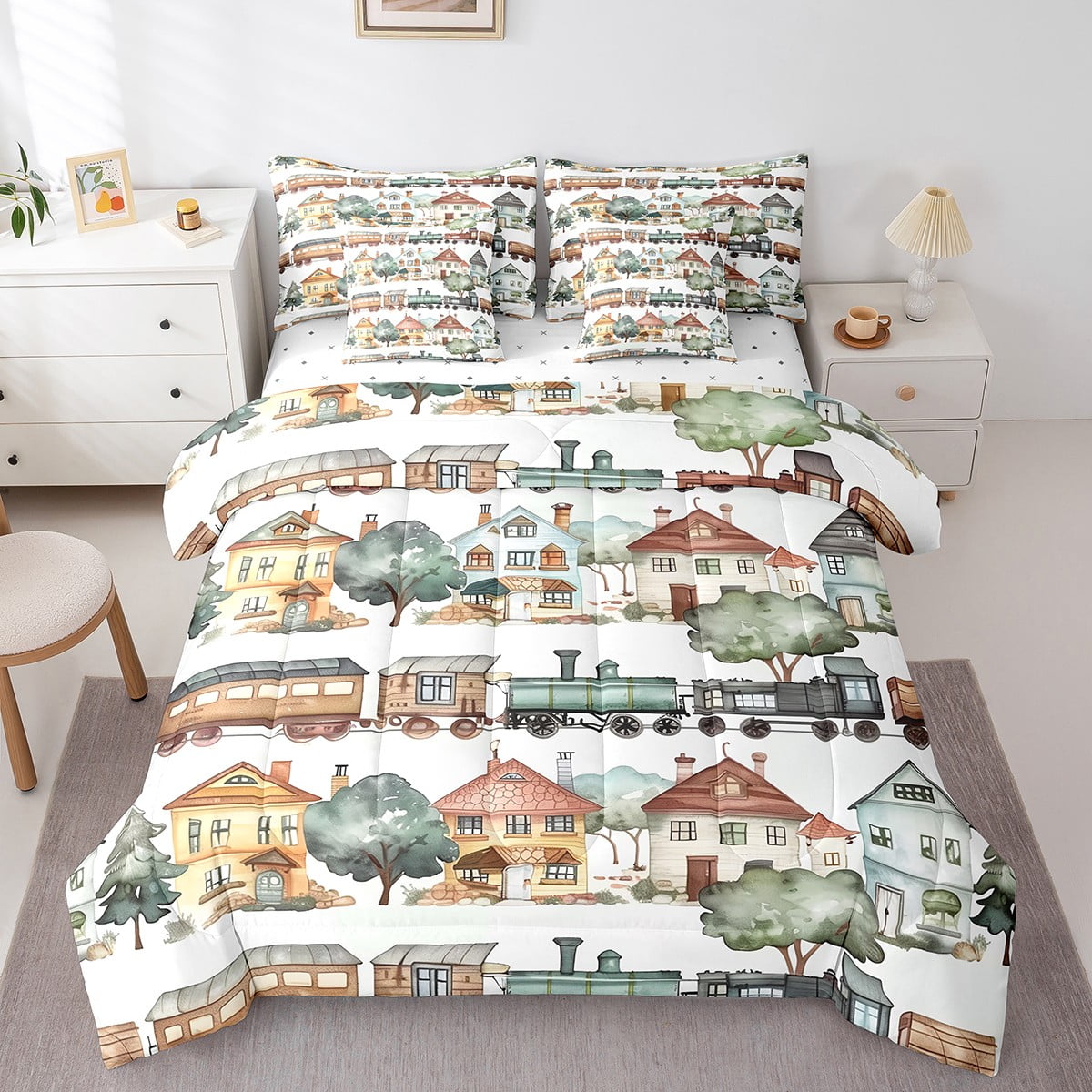 Train Twin Comforter Set 7 Piece Cute Cartoon Train Bedding Set For ...