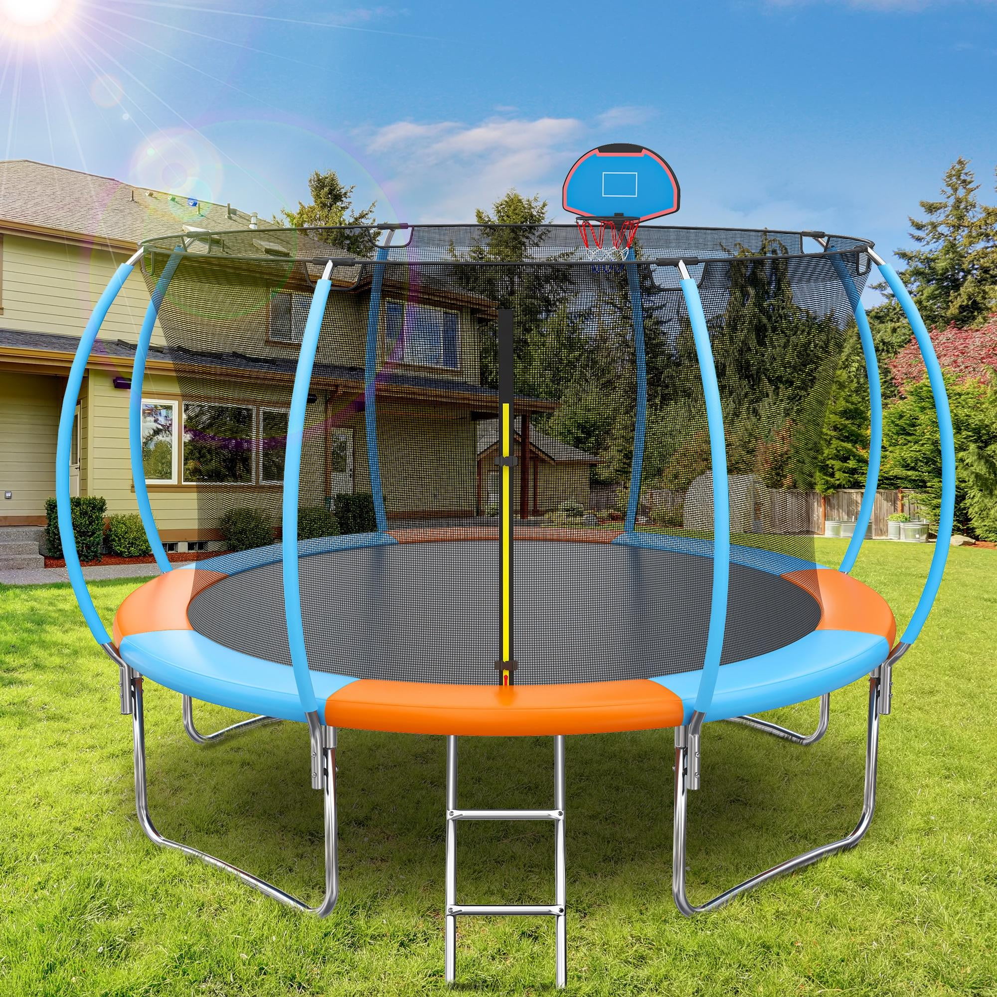 10ft Kids Trampoline with Enclosure, Basketball Hoop, All-Weather Mat ...