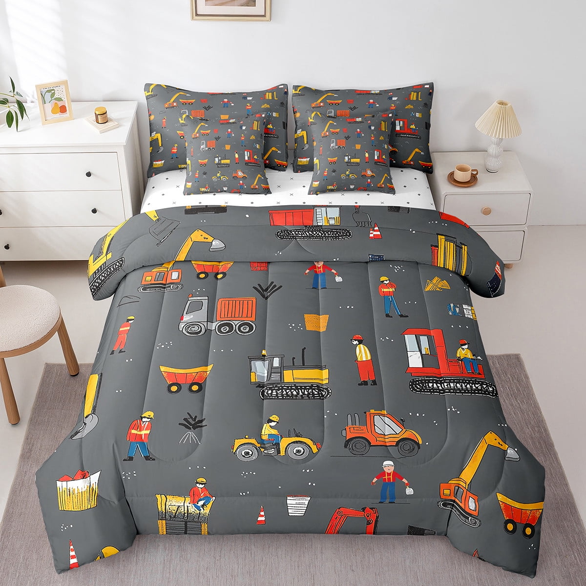 Kids Truck Bed In A Bag Set Queen 7 Piece Construction Vehicle Boys ...