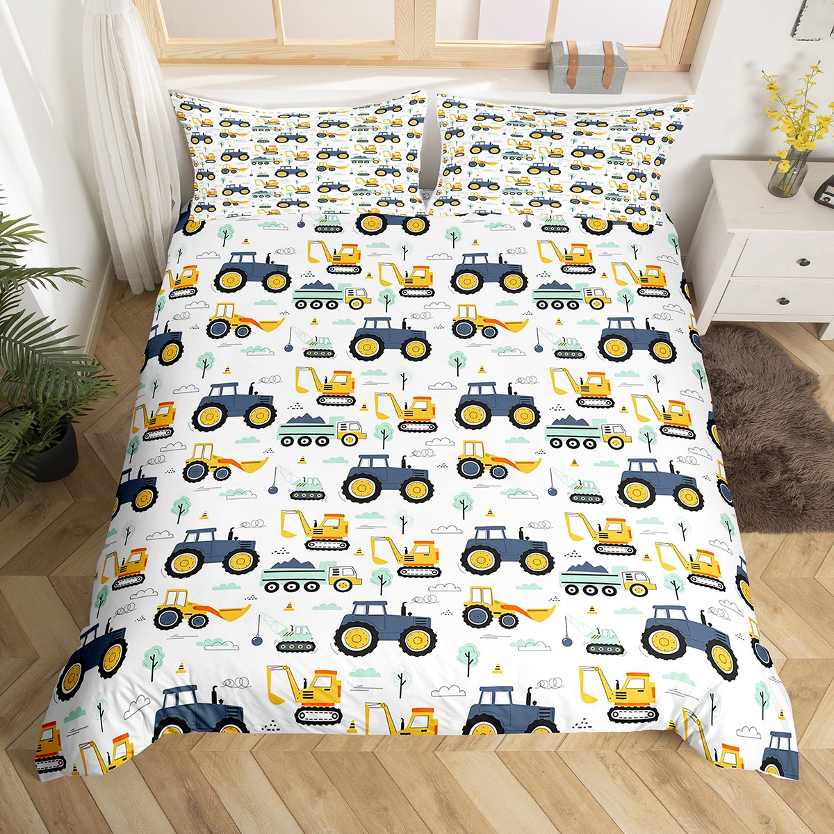 Kids Trucks Duvet Cover King for Boys Girls Cartoon Tractor Bedding Set ...
