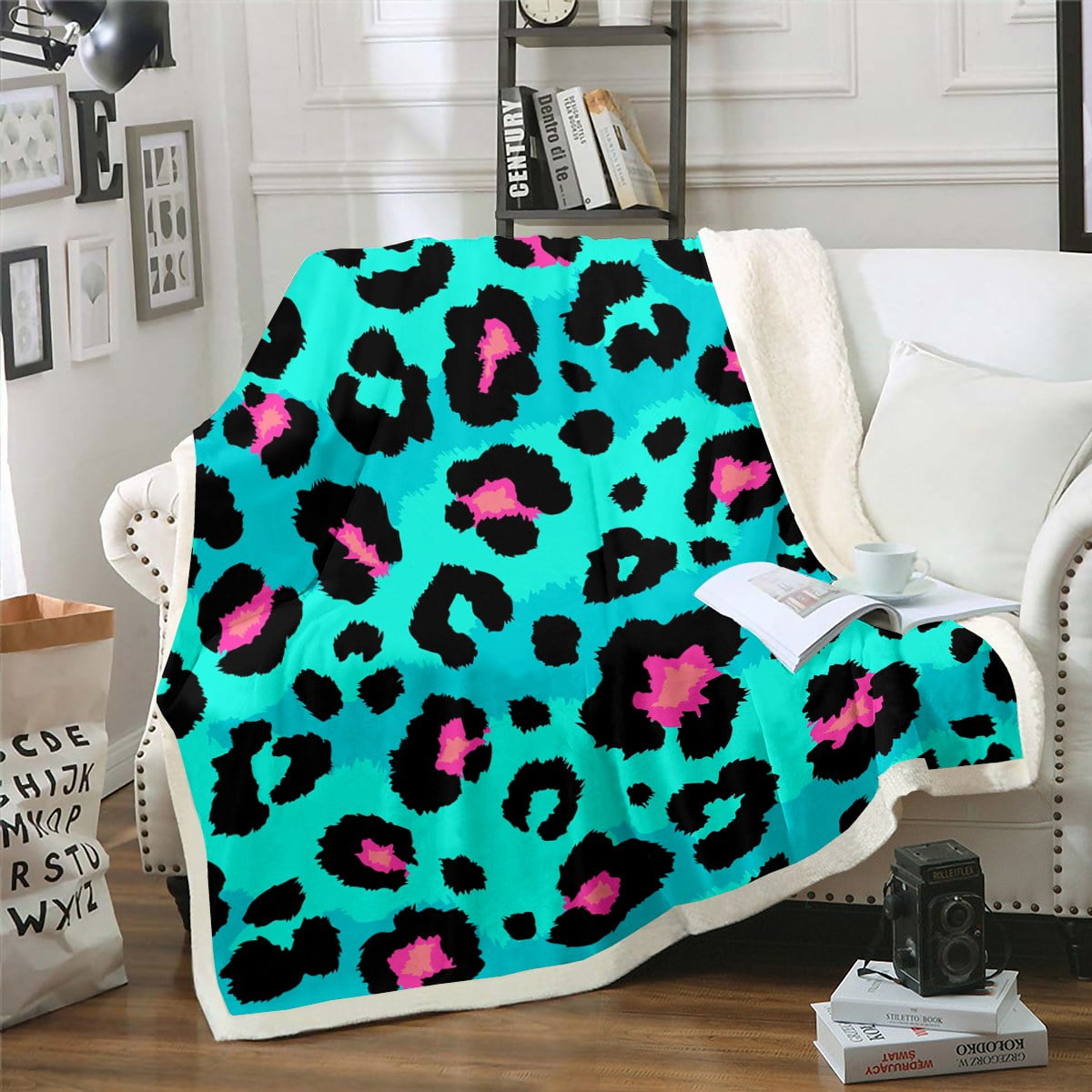 Turqoise Cheetah Print Fleece Blanket Black Pink Leopard Print Sherpa ...