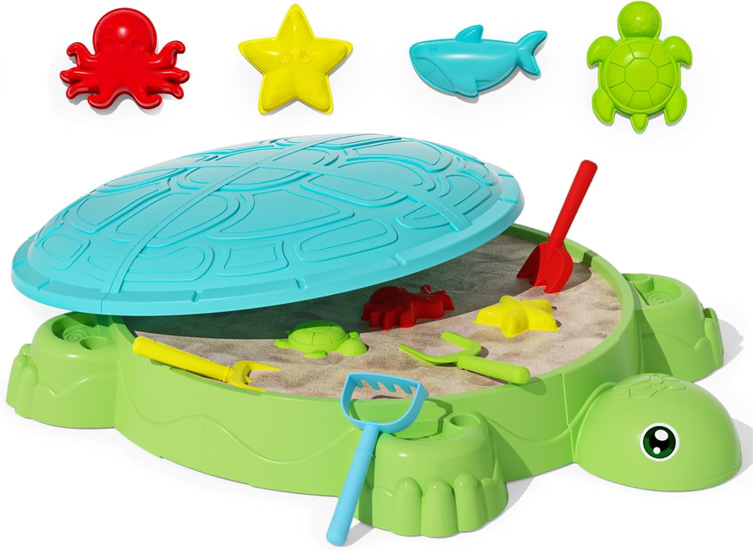 Kids Turtle Sandbox with Lid, Sand Box Toys with Cover for Toddlers 3-5 ...