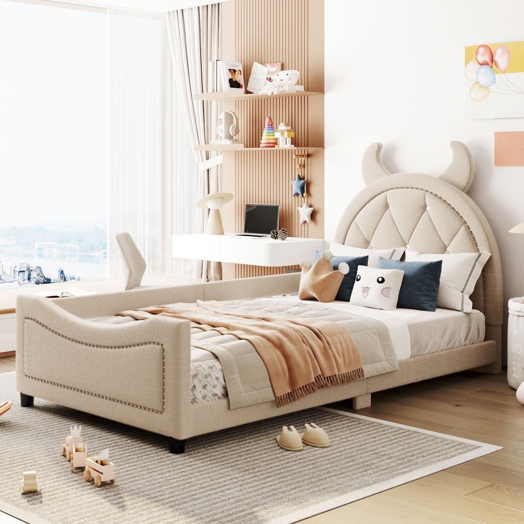 Kids Twin Size Upholstered Daybed, Modern Low Profile Bed with Horn ...