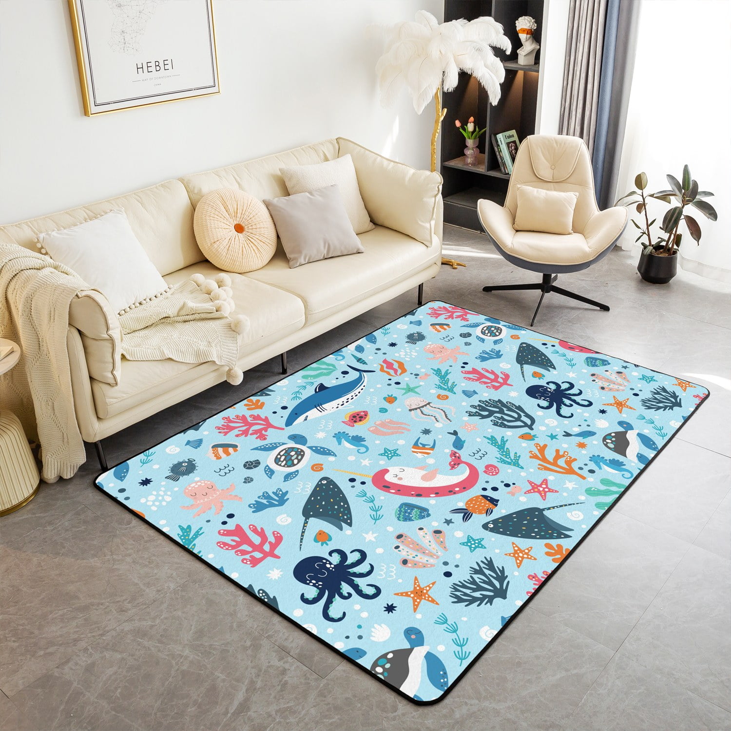 Underwater World Area Rug 3x5, Cute Dolphin Shark Carpet , Colorful ...