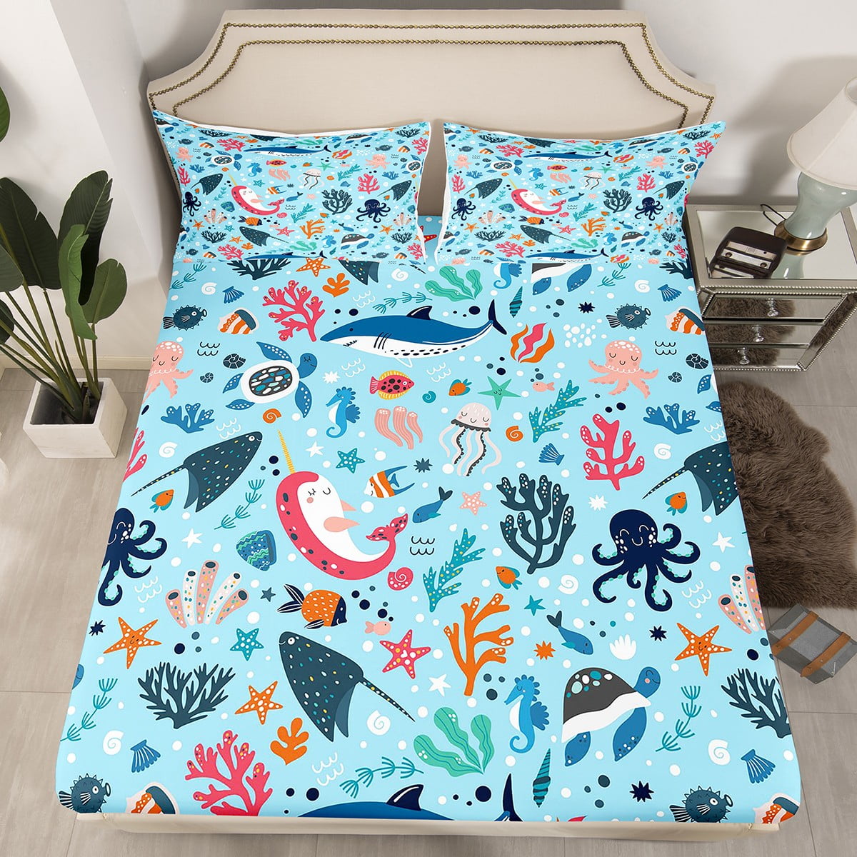 Kids Underwater World Bed Sheets Set Twin Size, Cute Dolphin Shark ...