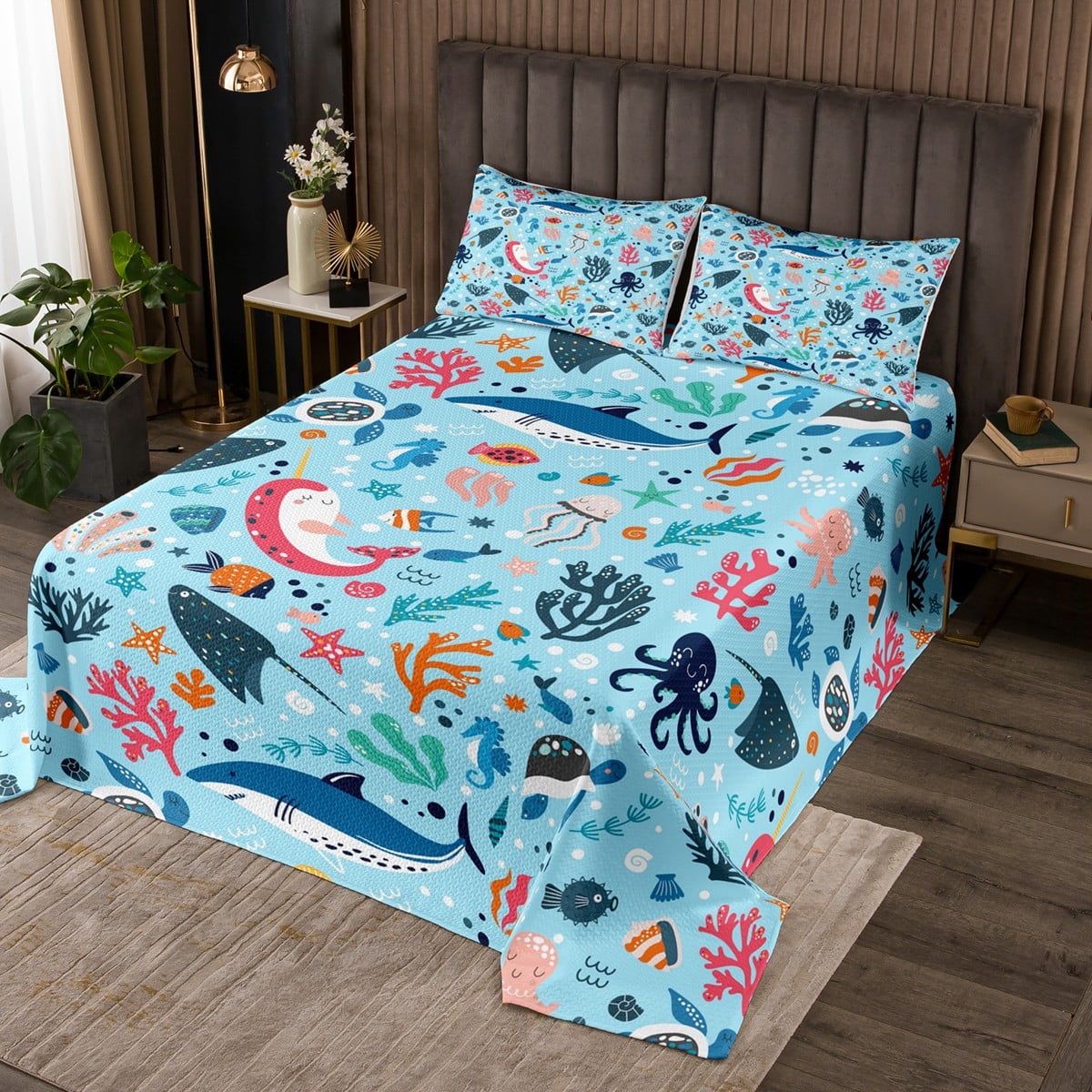 Underwater World Quilt Set Queen, Cute Dolphin Shark Bedspread Set ...