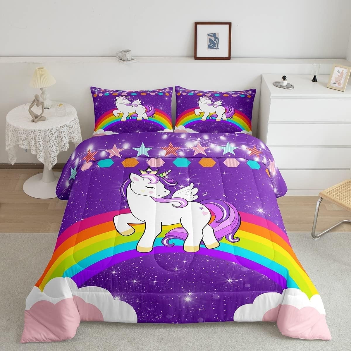 Unicorn Comforter Set Full Cartoon Rainbow Bedding Set Purple Cute ...