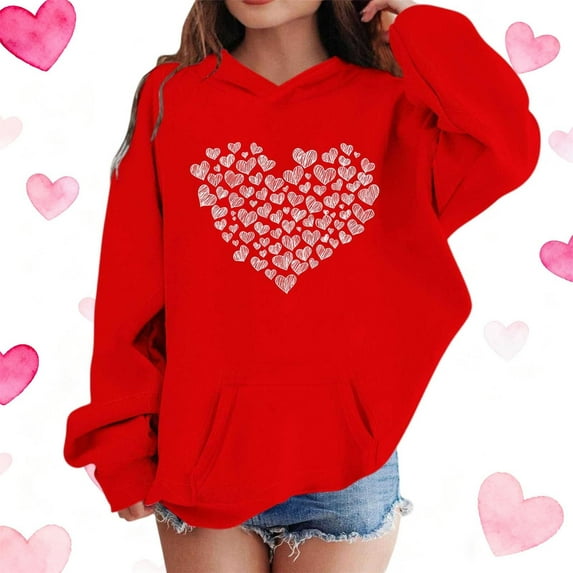 Kids Valentine Hoodie for Girls Heart Print Pullover Red Cute Oversized ...