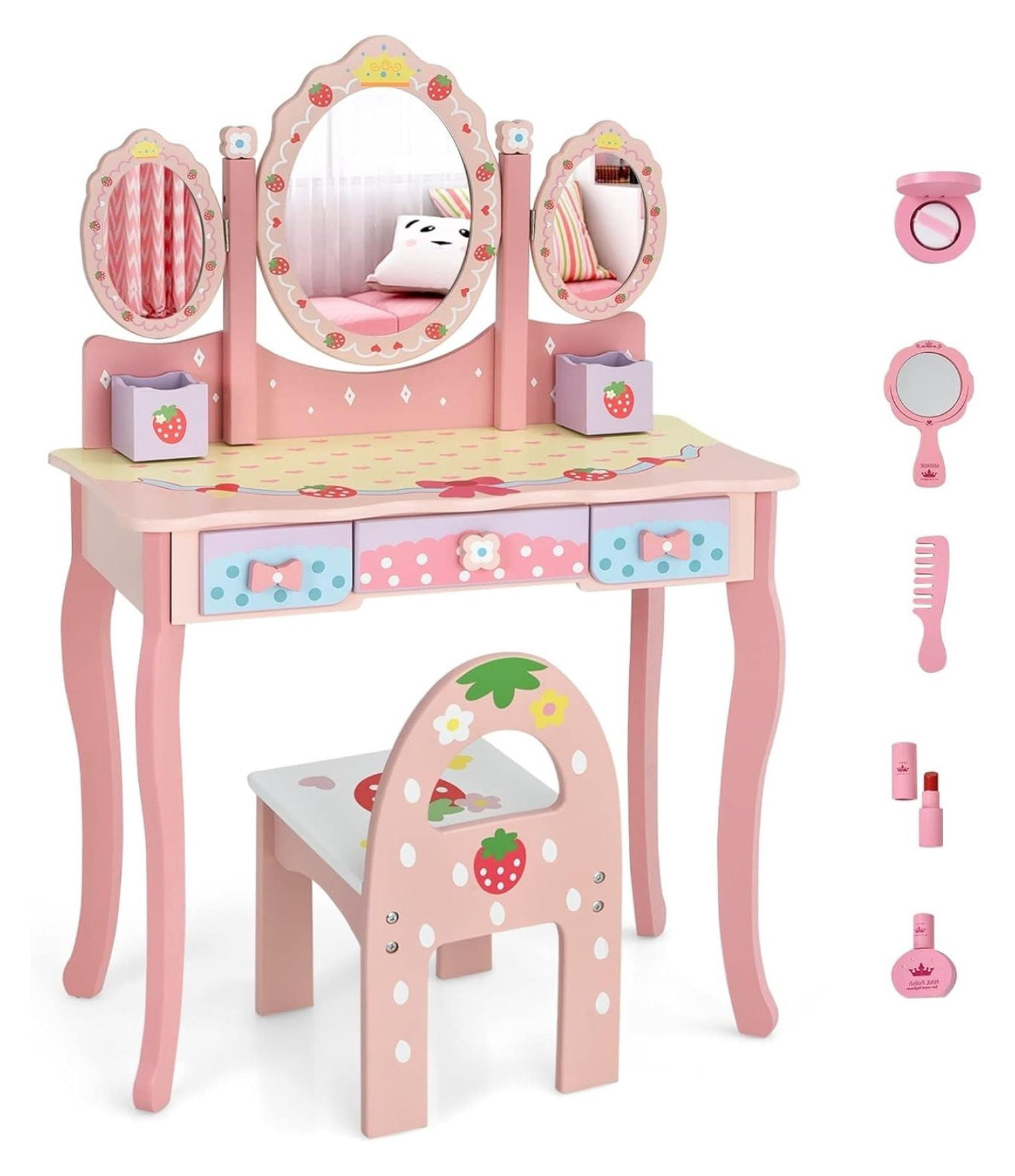 Kids Vanity, 2 in 1 Pink Strawberry Wooden Dressing Table and Chair Set ...
