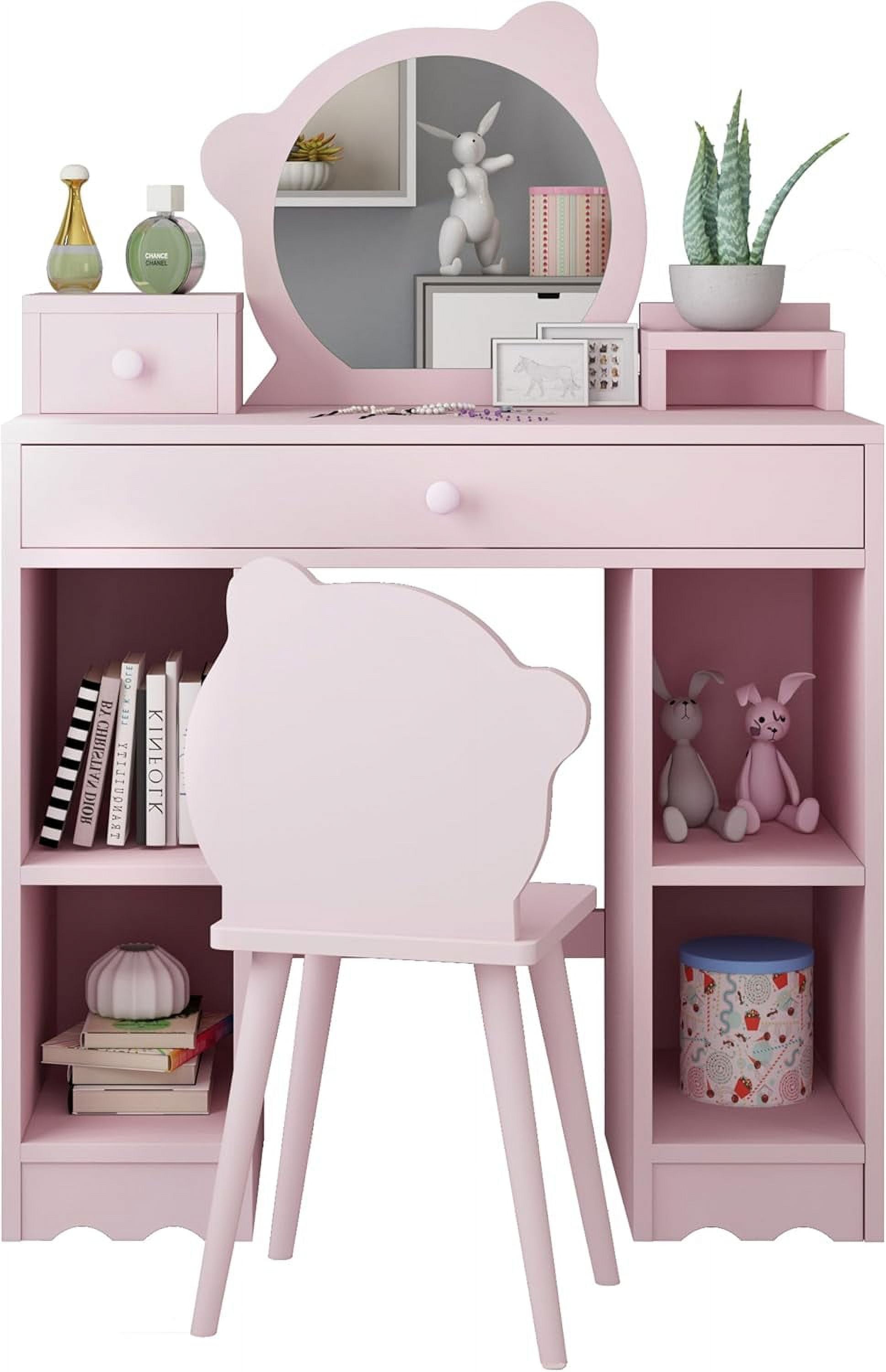 Kids Vanity, 2 in 1 Princess Makeup Desk & Chair Set with Drawers ...