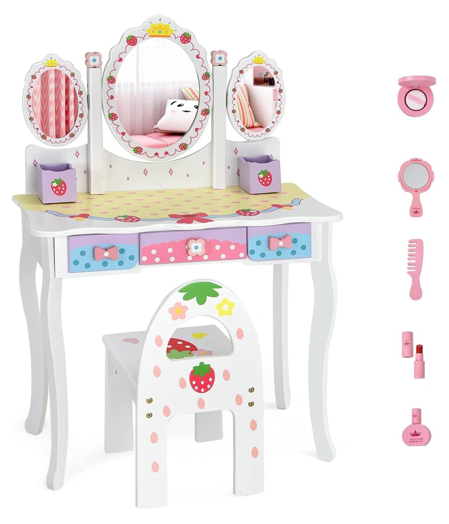Kids Vanity, 2 in 1 White Strawberry Wooden Dressing Table and Chair ...