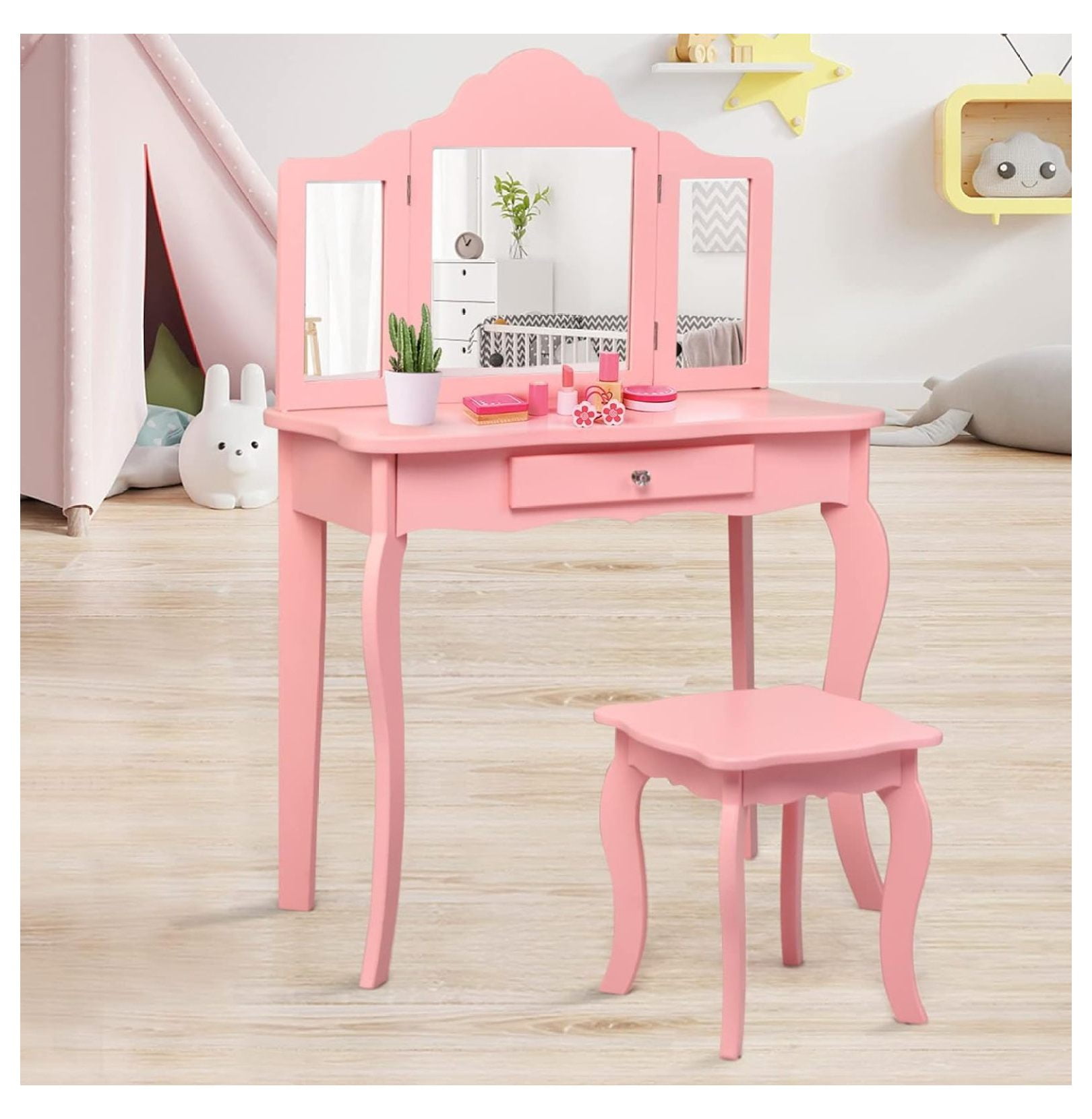 Kids Vanity, 2 in 1 Wooden Dressing Table and Chair Set with Tri ...