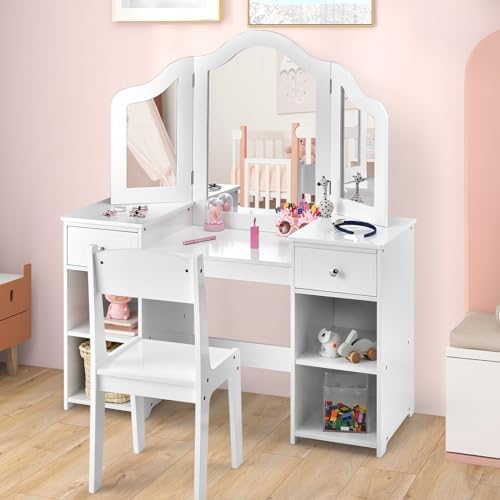 Kids Vanity, 2 in 1 Wooden Princess Makeup Table and Chair for Toddlers ...