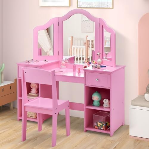 Kids Vanity, 2 in 1 Wooden Princess Makeup Table and Chair for Toddlers ...