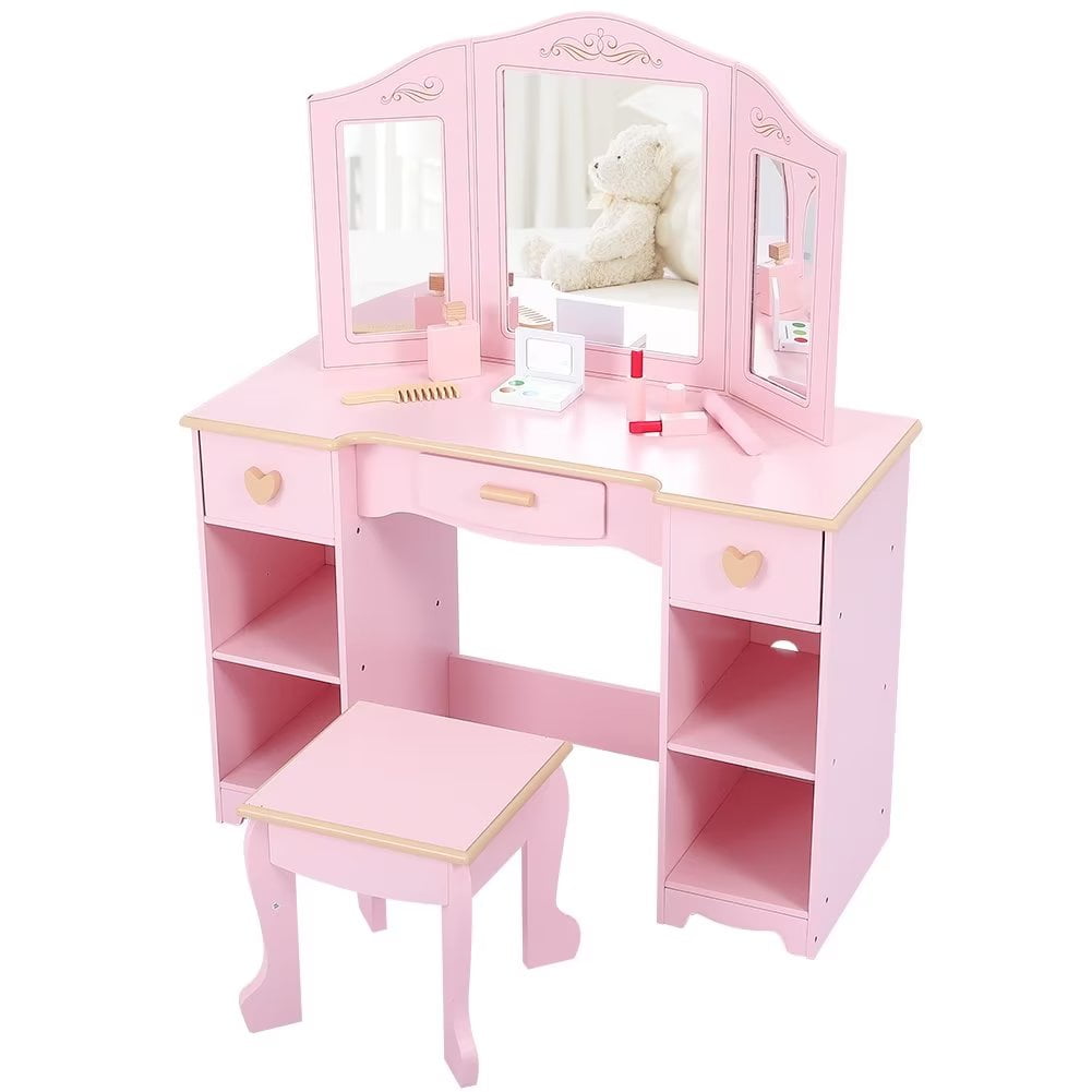 2 in 1 Kids Vanity & Chair Set, Princess Makeup Desk with Mirror ...
