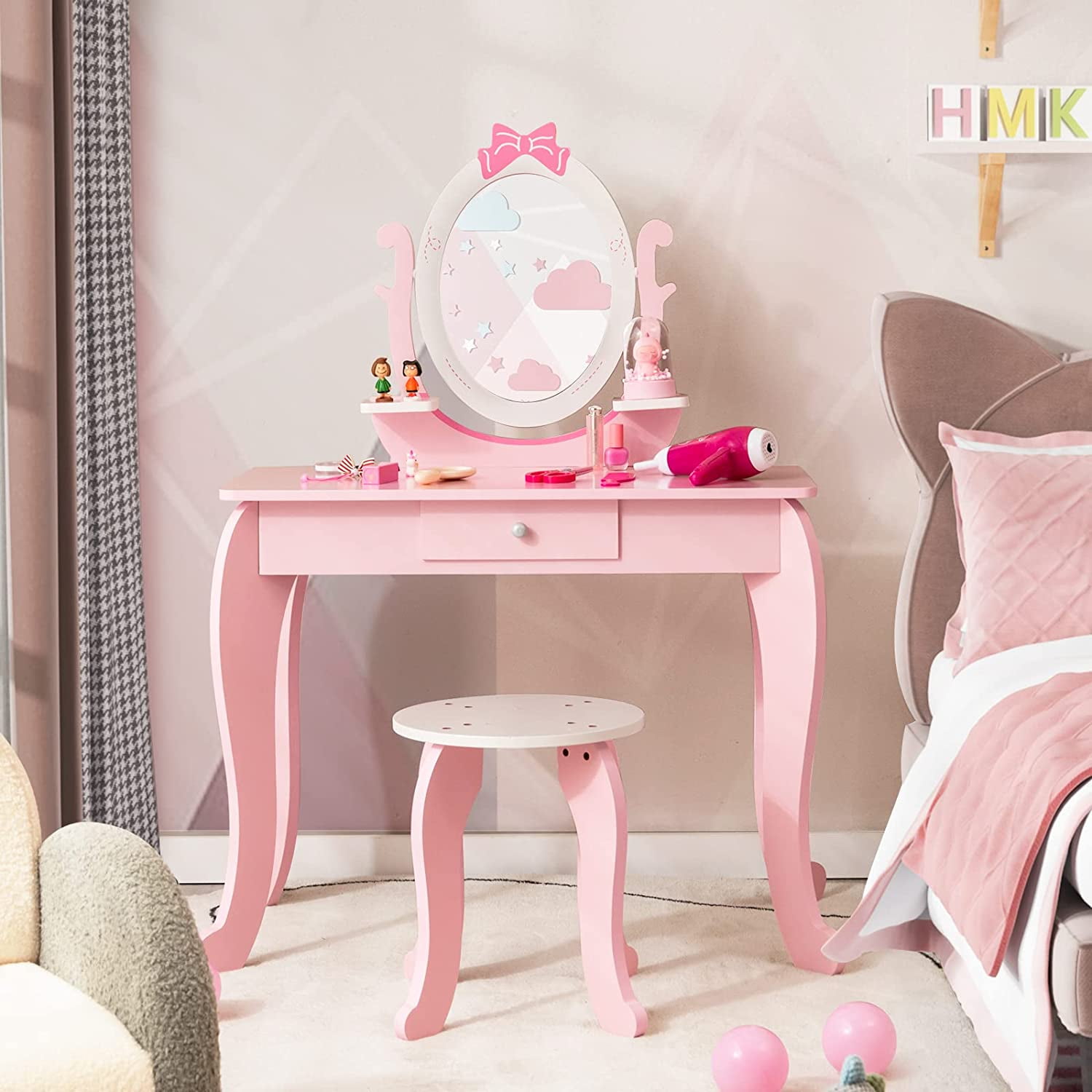 Kids Vanity, 360 Degree Rotation Oval Mirror, Princess Makeup Vanity ...