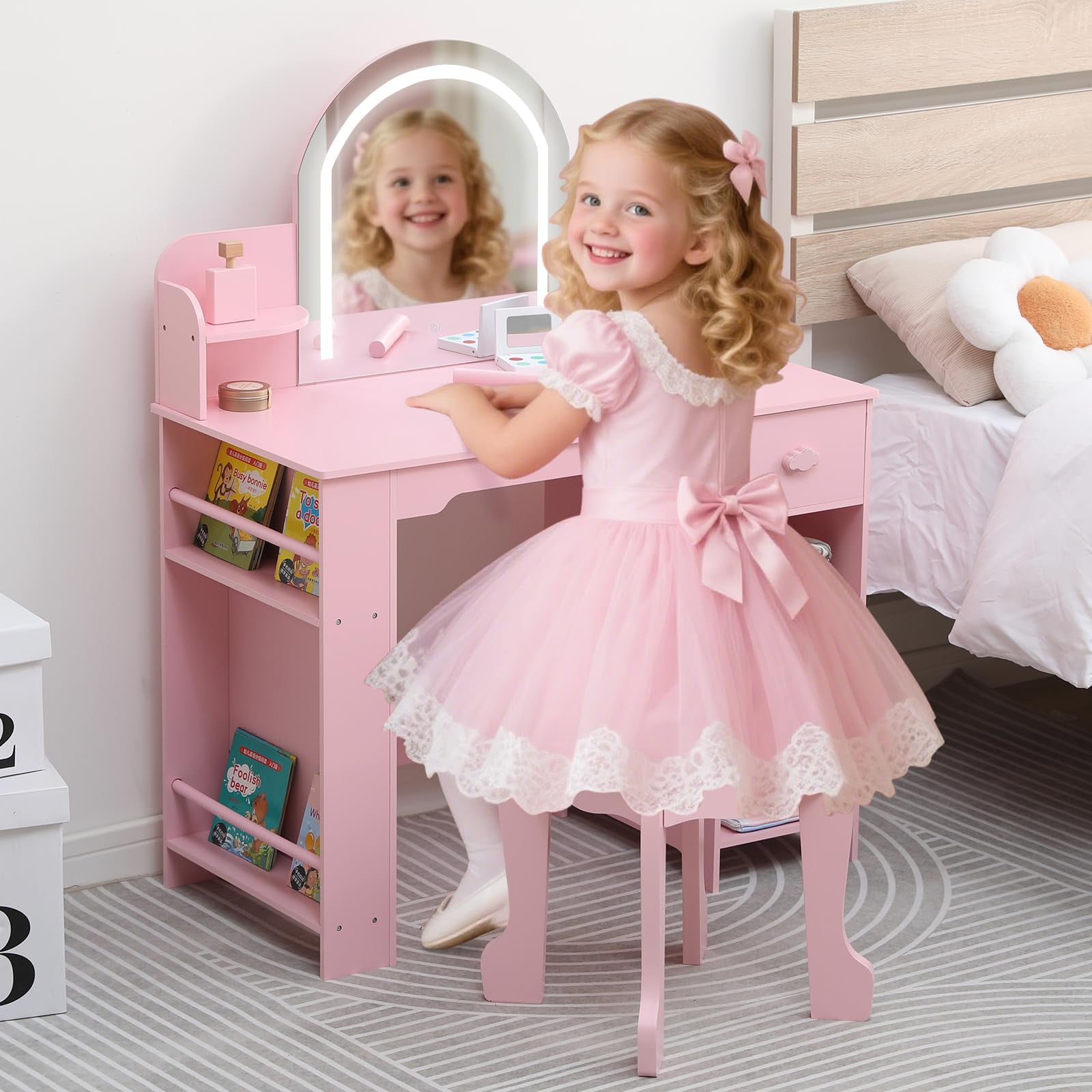 Kids Vanity Desk with Mirror, 2 In 1 Little Girls Vanity Table & Stool ...