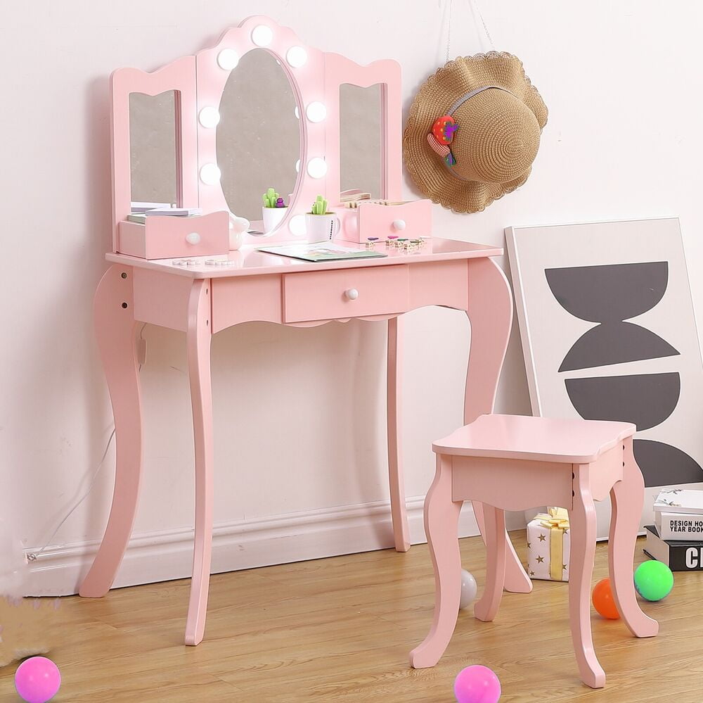 Kids Vanity Girl Princess Makeup Table w/ Tri-Folding Mirror/Light/S ...