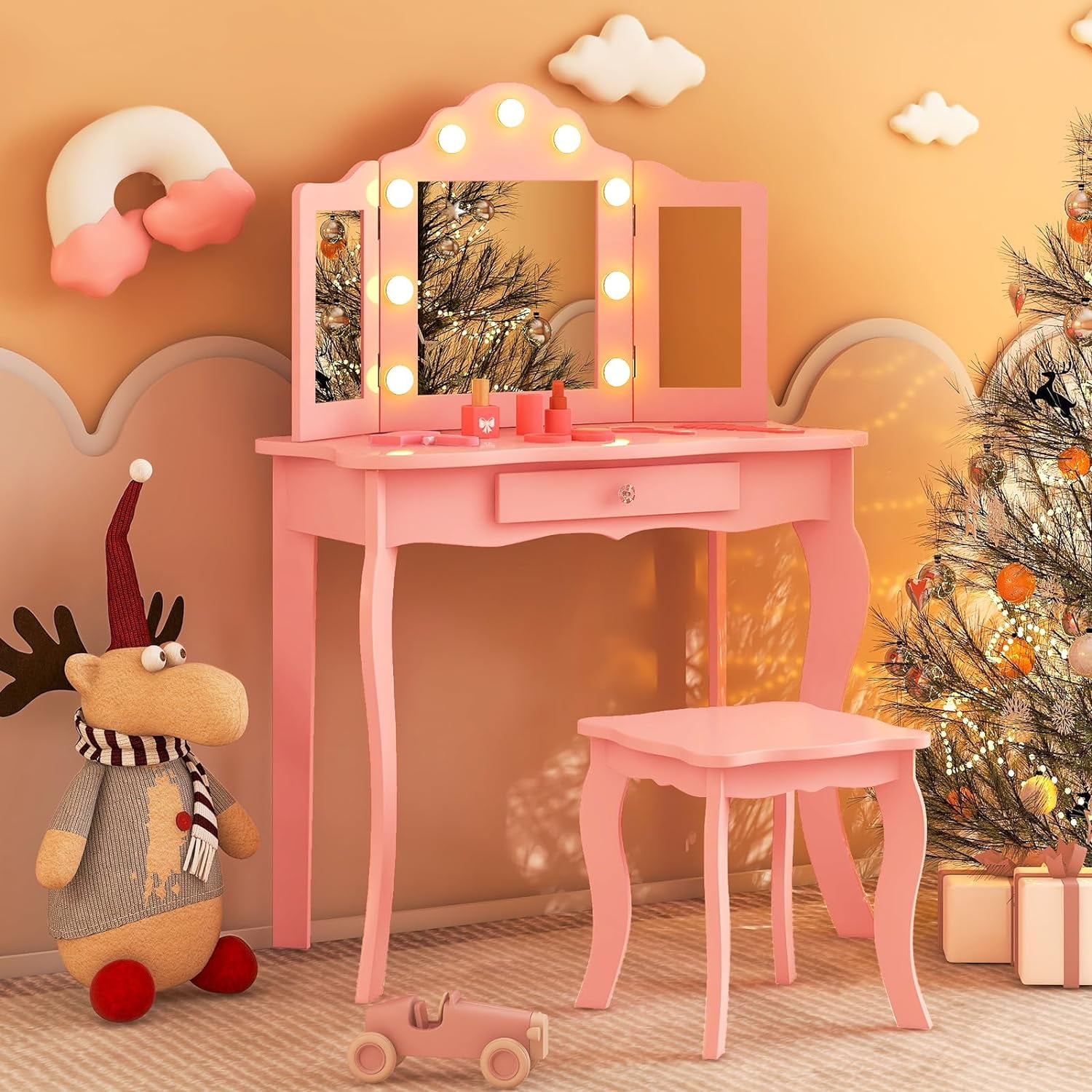 Kids Vanity, Girls Vanity Set with Mirror and Stool and Lights, Drawer ...