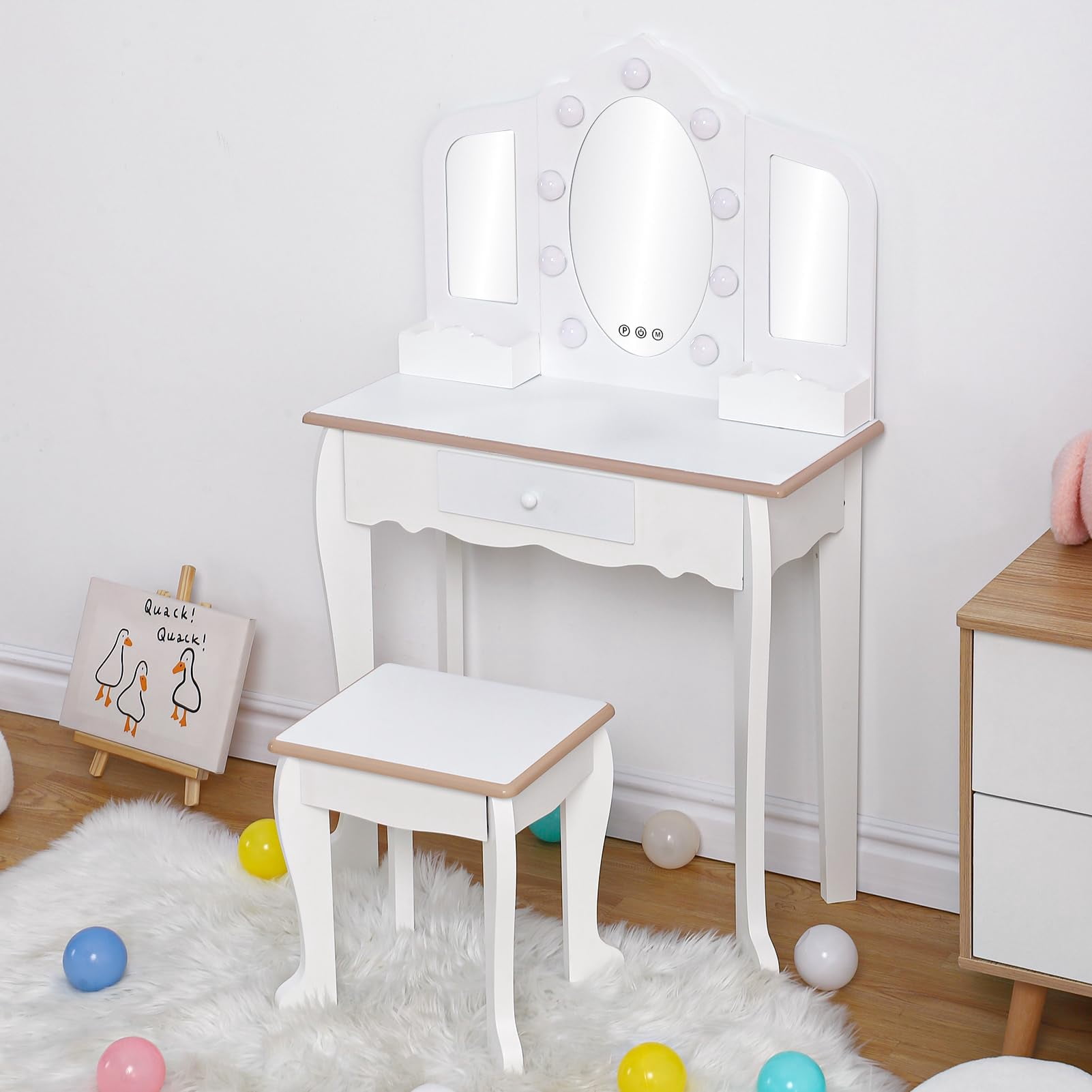 Kids Vanity, Girls Vanity Set with Mirror and Stool and Lights, Drawer ...
