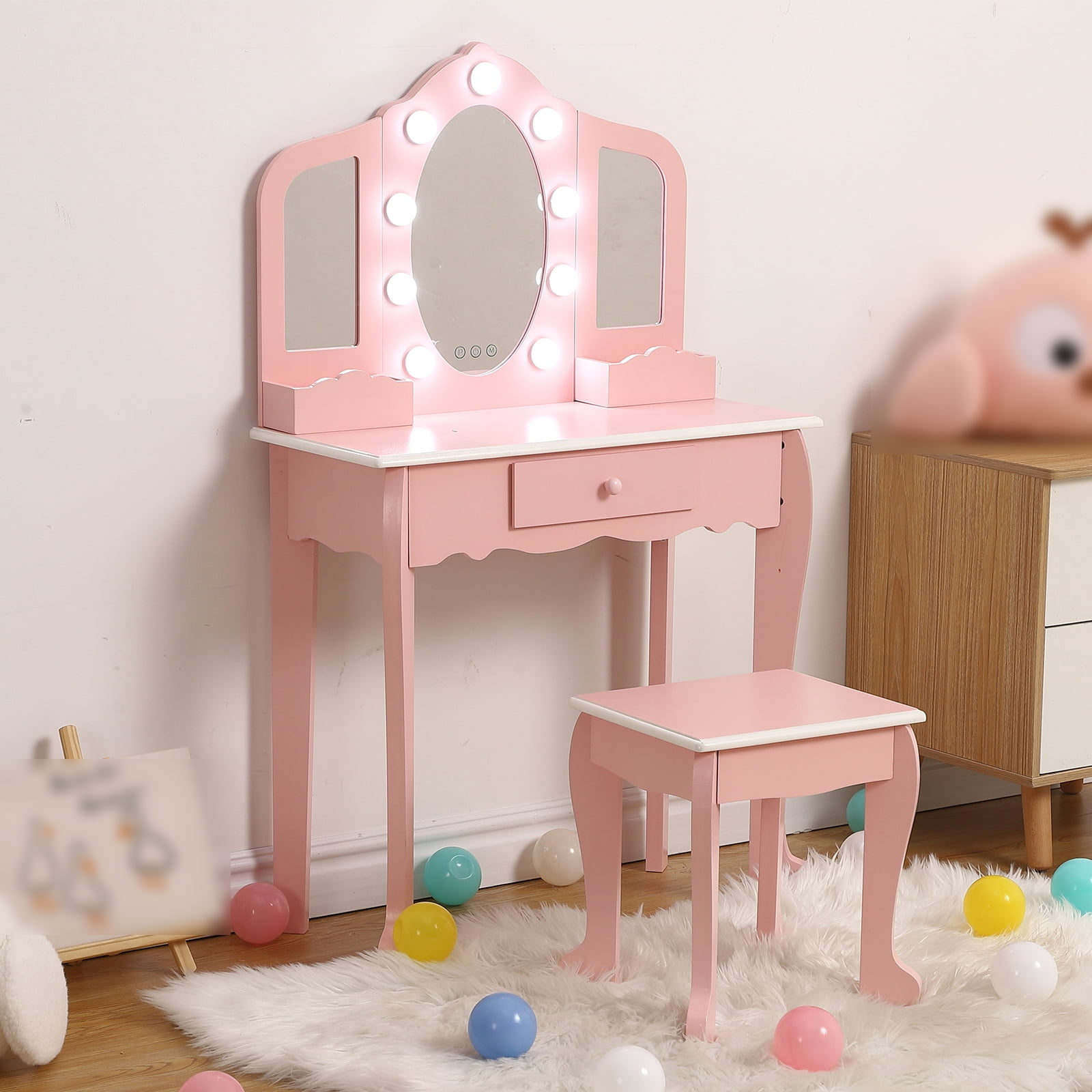 Kids Vanity, Girls Vanity Set with Mirror and Stool, Makeup Vanity with ...
