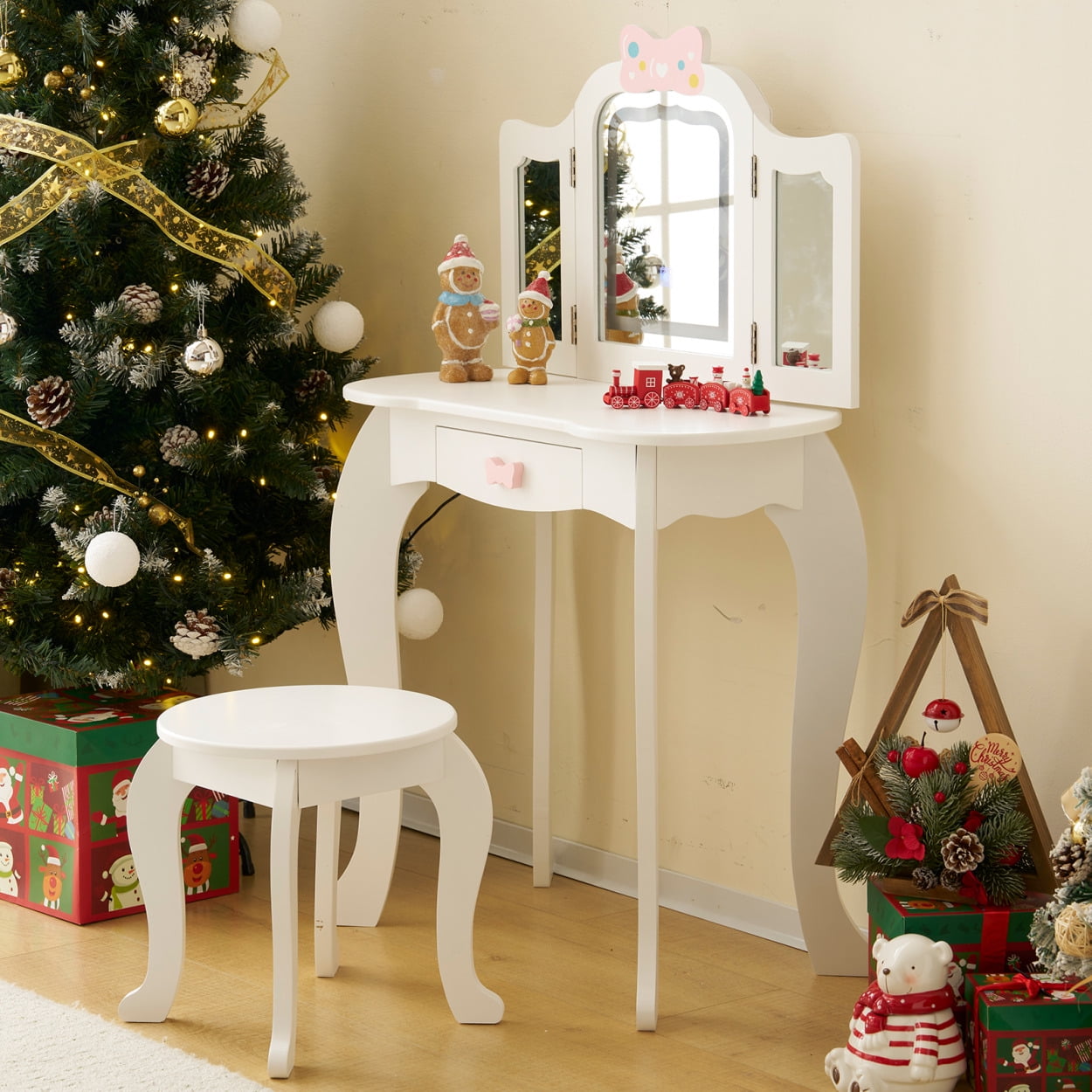 Kids Vanity, Girls Vanity Set with Tri-Fold Mirror and Stool and Lights ...