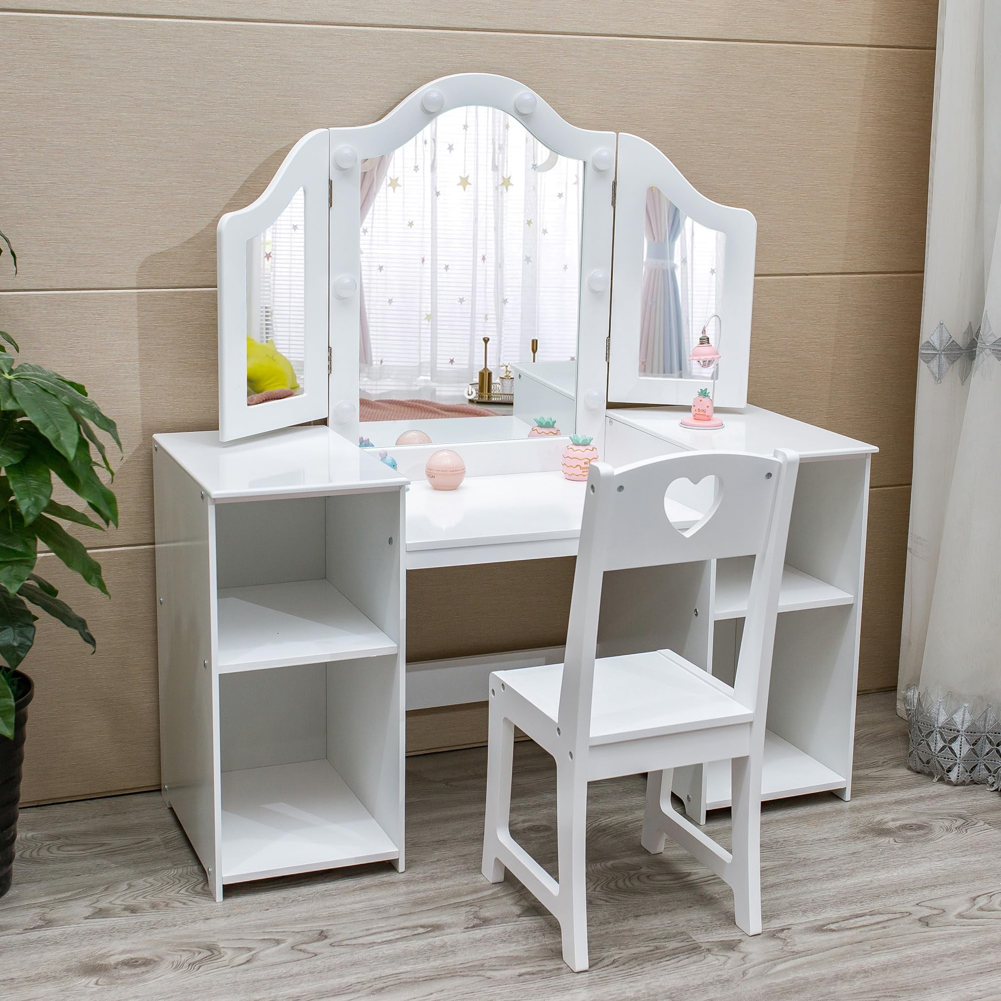 Kids Vanity, Girls Vanity Table with Mirror, Light,Stool & Drawer, 2 in ...