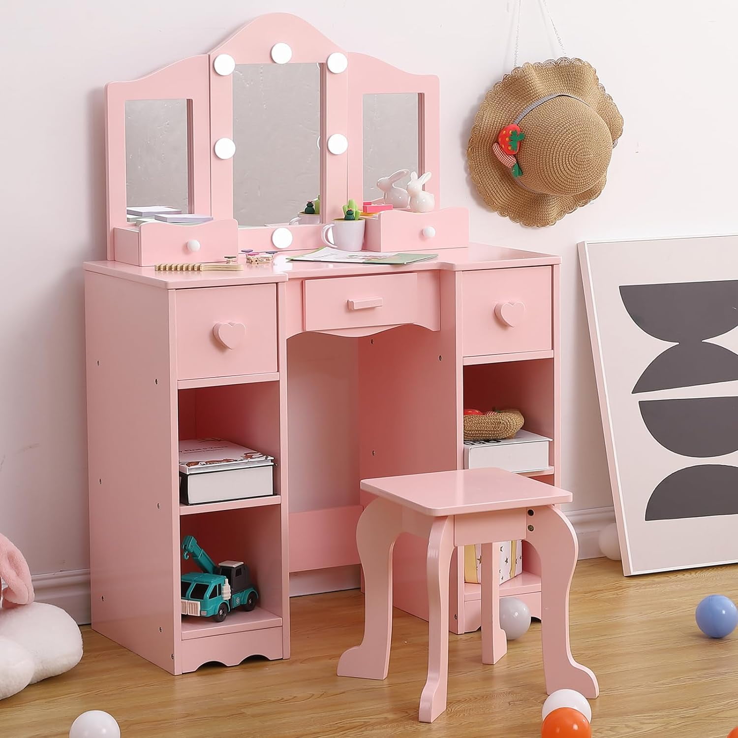 Kids Vanity, Girls Vanity Table with Tri-Folding Mirror, Light,Stool ...
