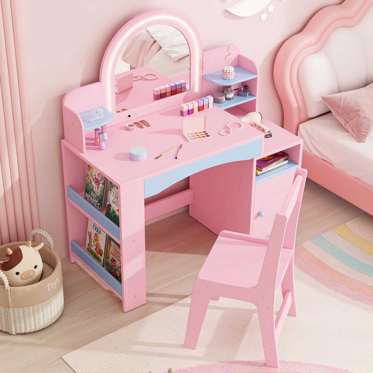 Kids Vanity with Lights, Kids Makeup Vanity with Bookshelf, Enclosed ...