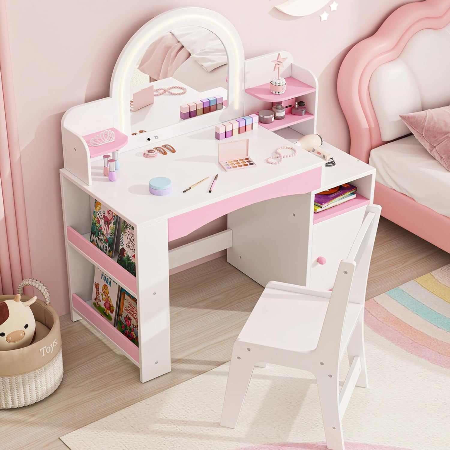 Kids Vanity with Lights, Kids Makeup Vanity with Bookshelf, Enclosed ...