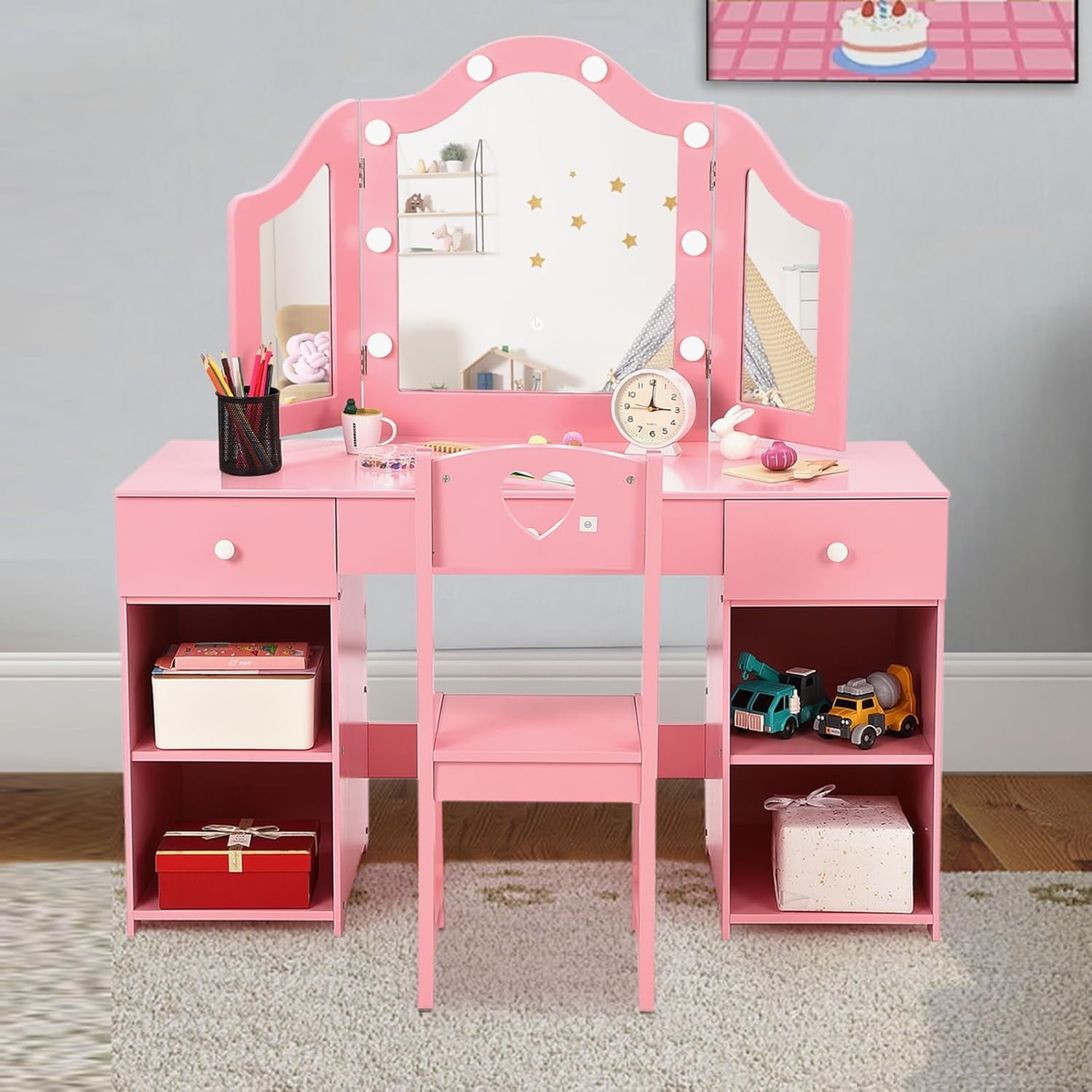 Kids Vanity with Lights, Princess Makeup Vanity Desk with Storage ...