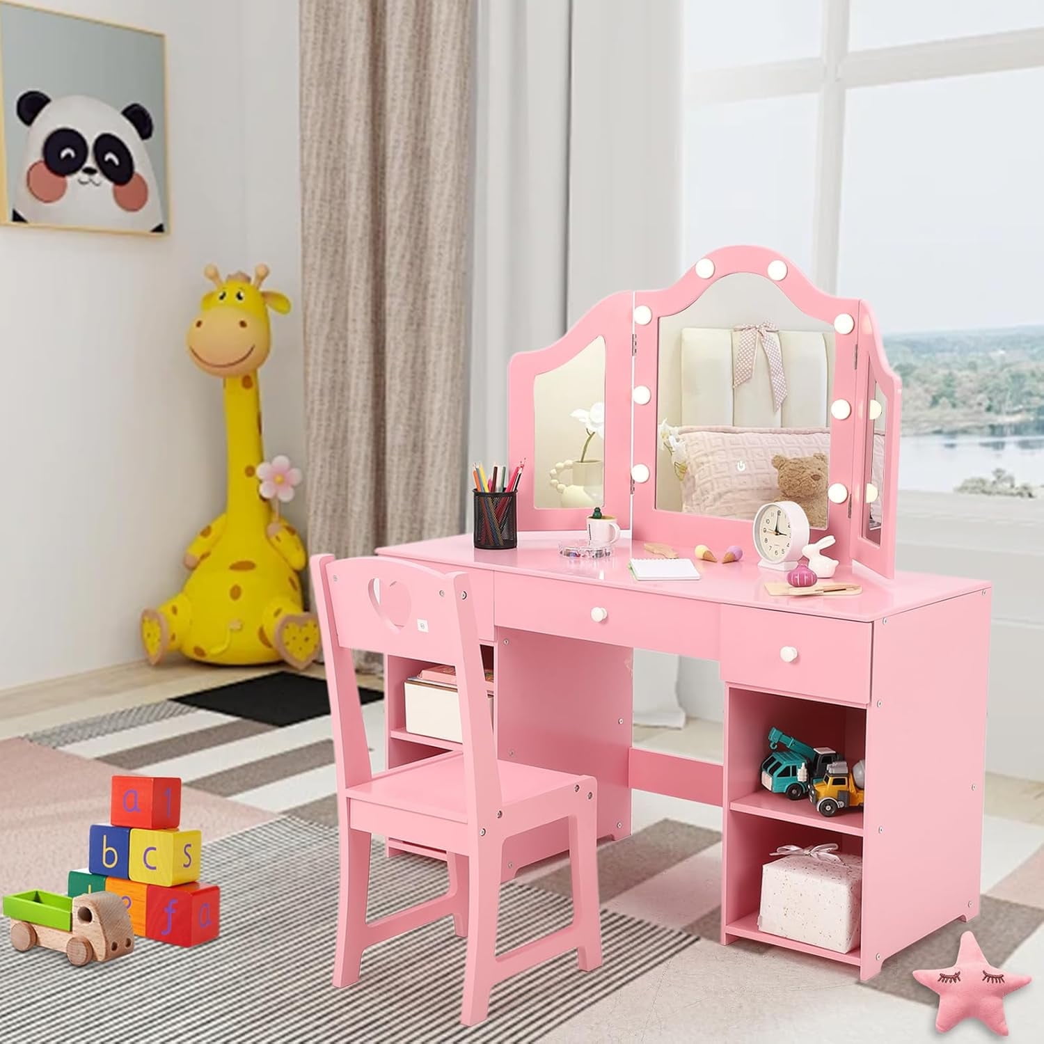 Kids Vanity with Lights, Princess Makeup Vanity Desk with Storage ...