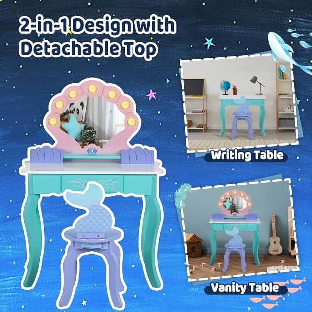 Kids Vanity with Lights, Wooden Princess Vanity for Girls, 2 in 1 Ocean ...