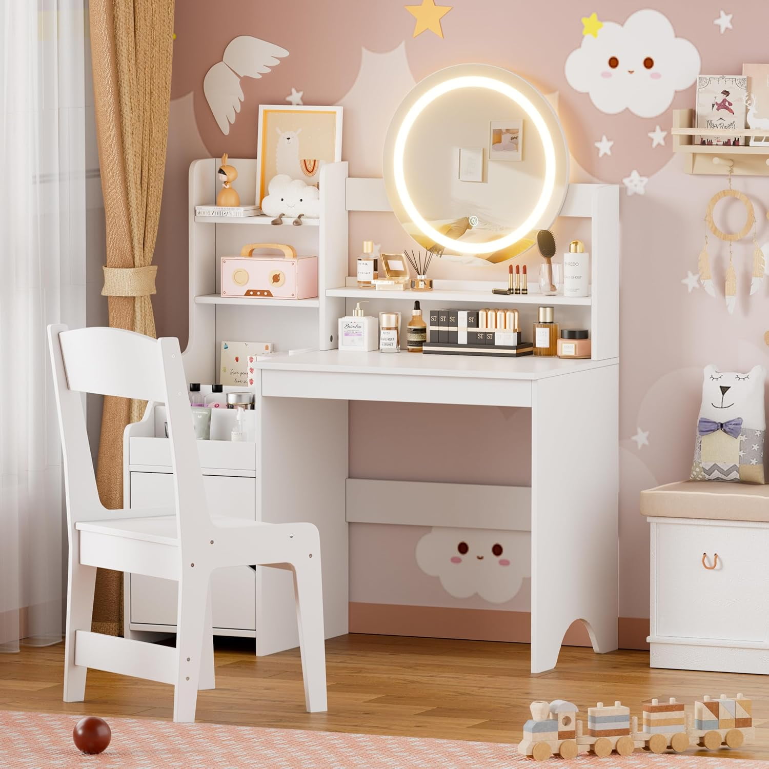 Kids Vanity, Little Girls Vanity Set with Lighted Mirror, Stool ...