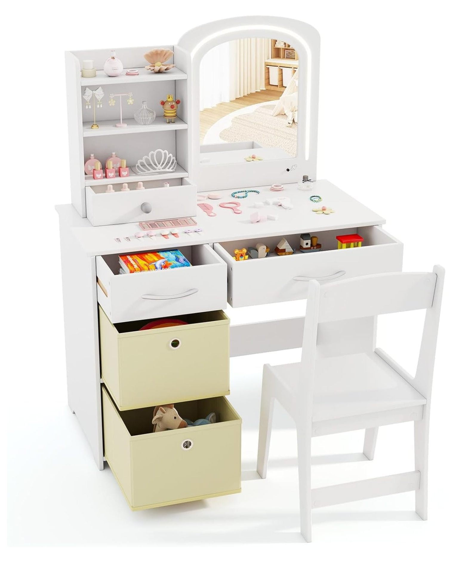 Kids Vanity, Little Girls Vanity Set with Mirror and Stool and Lights ...