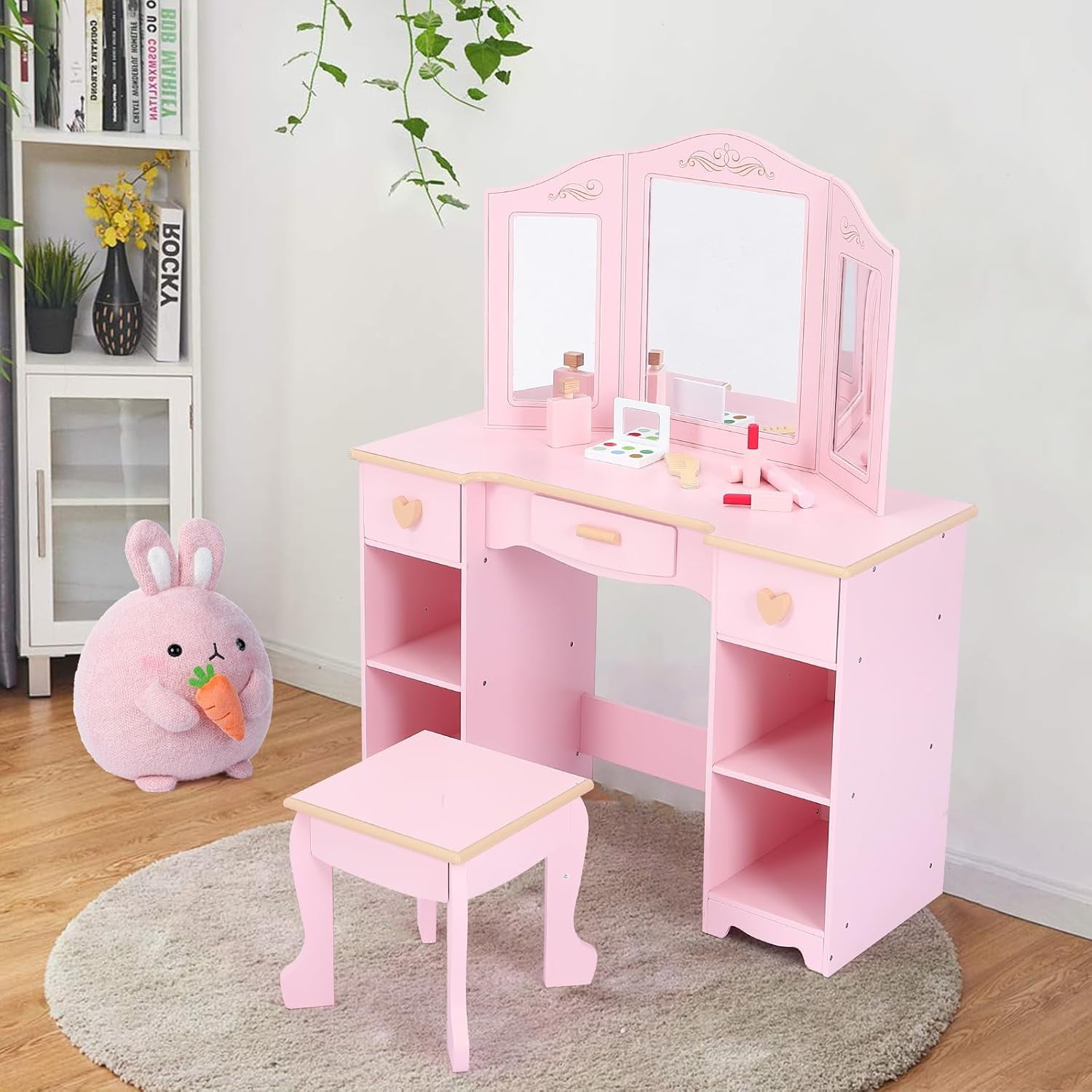 Kids Vanity, Pretend Play Vanity Set with Stool and Tri-Fold Mirror ...