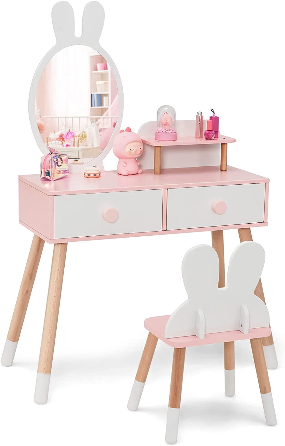 Kids Vanity, Rabbit Themed Toddler Wooden Makeup Table and Chair Set w ...