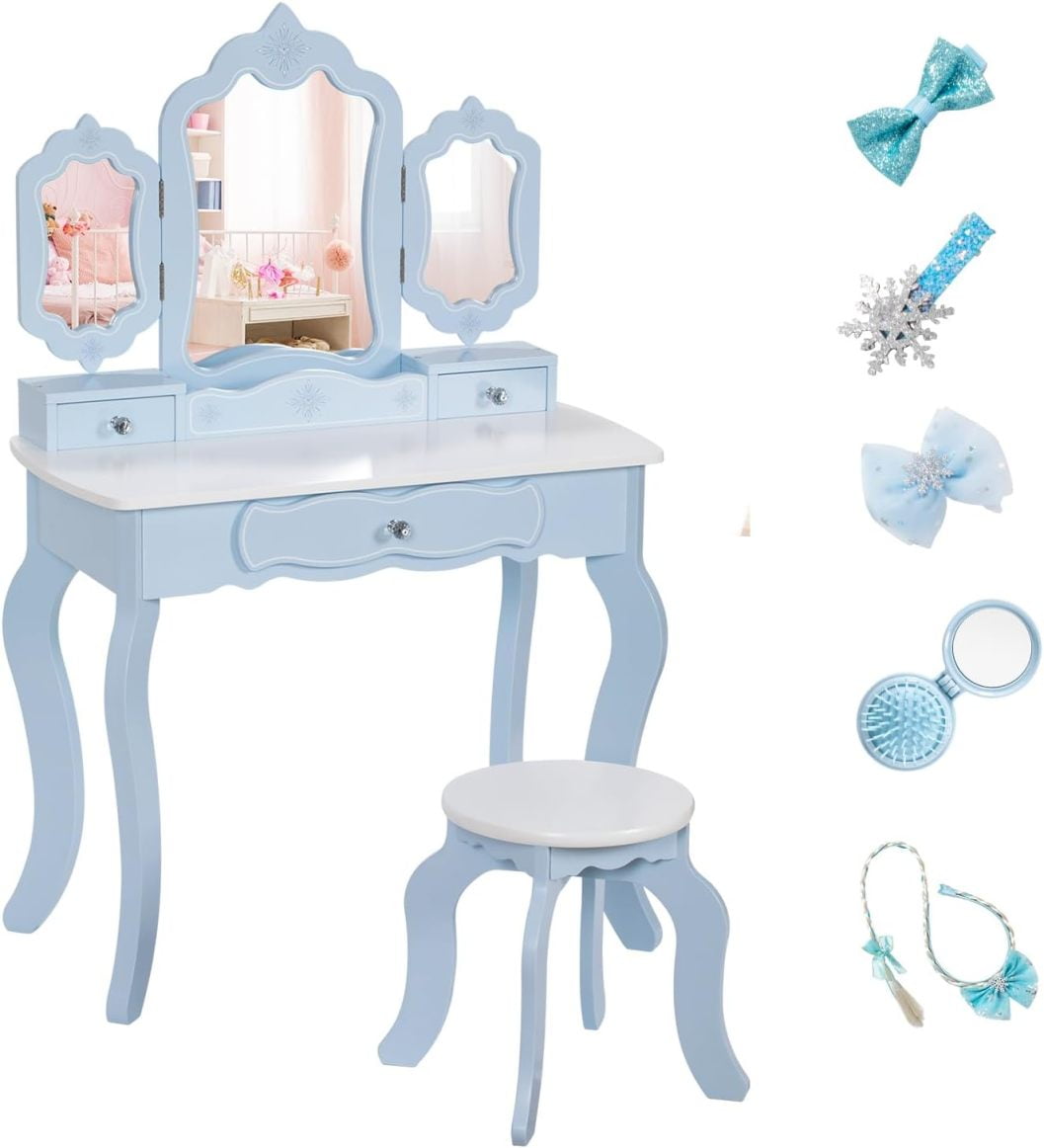 Kids Vanity Set, 2-in-1 Wooden Makeup Table & Stool w/Detachable Tri ...