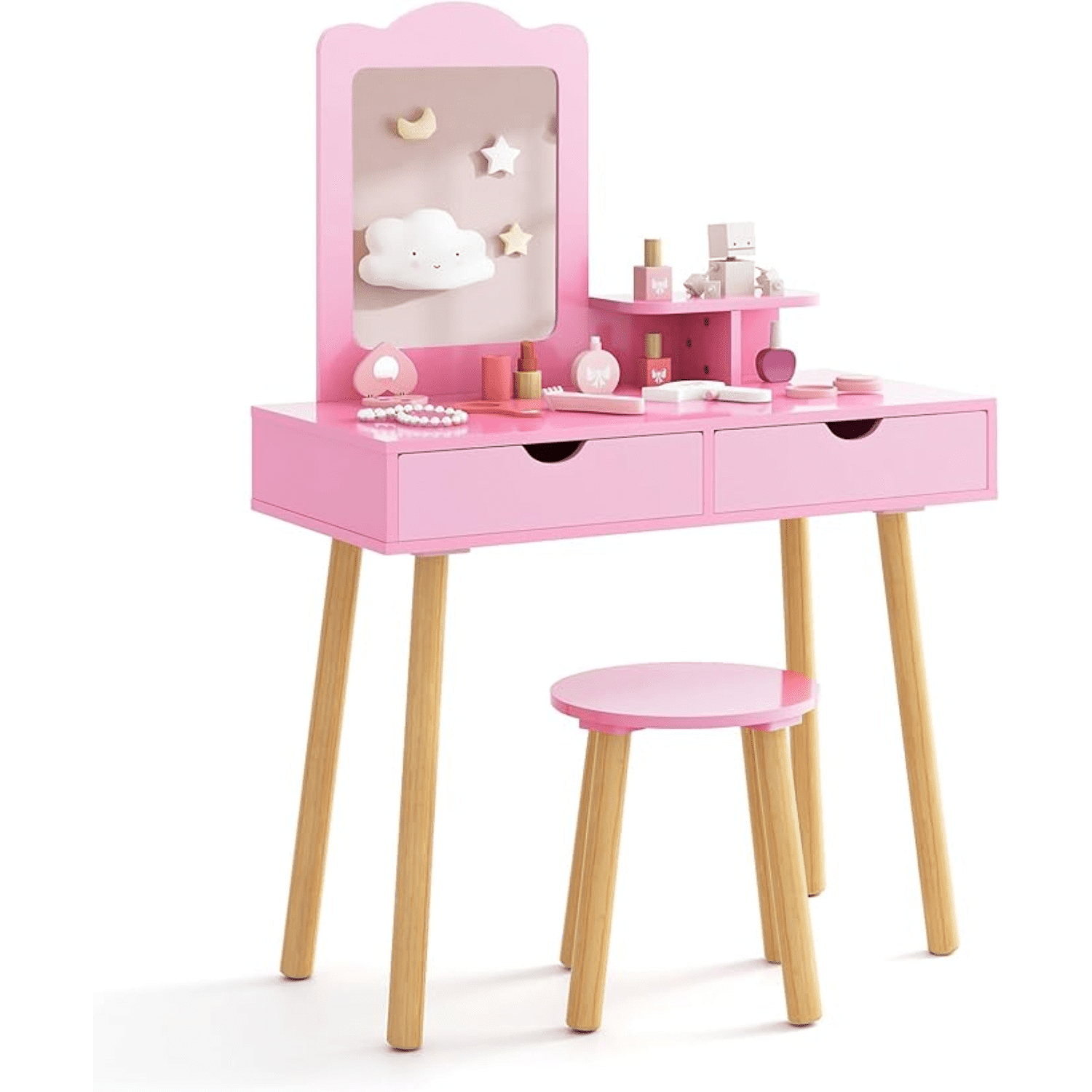 Pink Wooden Kids Vanity Set, 2 Drawers & Storage Shelf, with Mirror ...