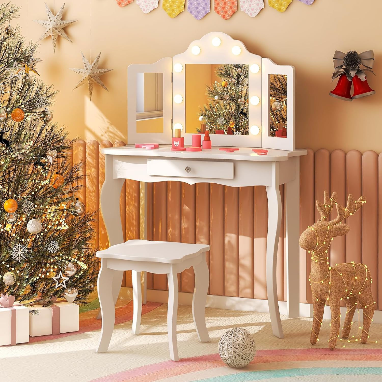 Kids Vanity Set with Lighted Mirror, 2 in 1 Princess Toddler Dressing ...