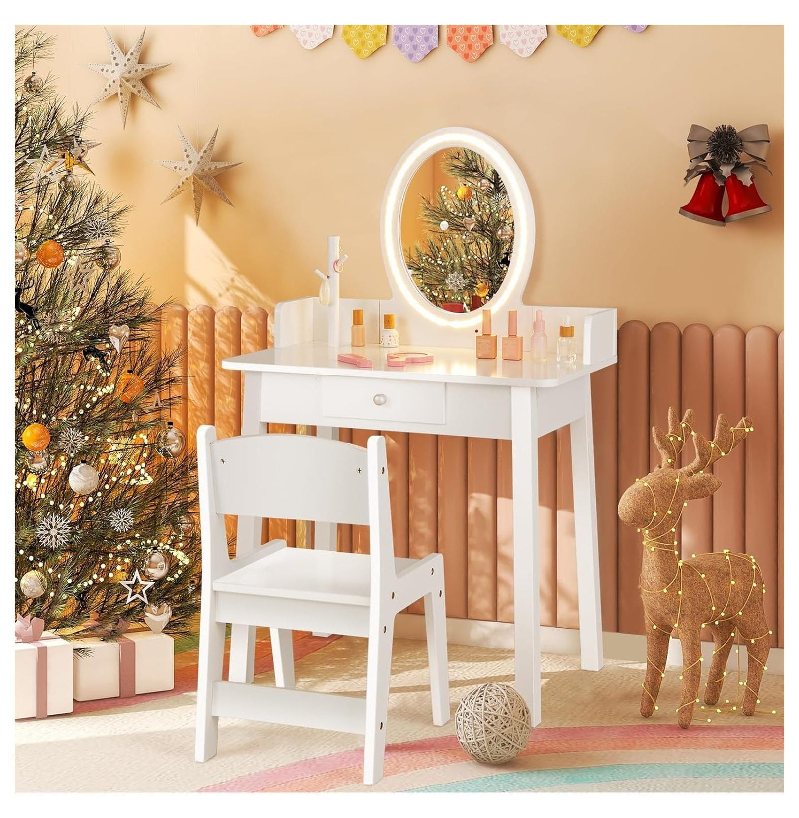 Kids Vanity Set with Lighted Mirror, 2 in 1 Toddler Dressing Table w ...