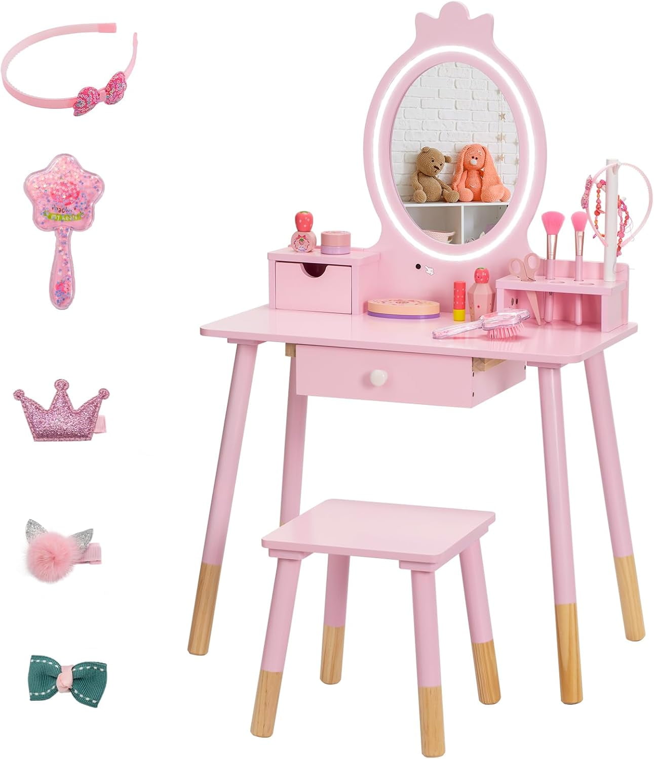Kids Vanity Set with Lighted Mirror, Princess Make Up Dressing Table ...