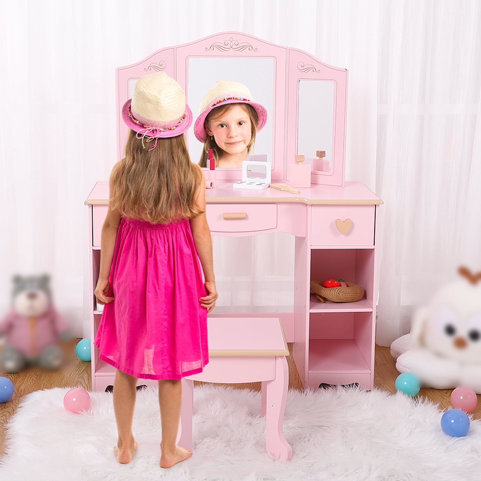 Kids Vanity Set with Mirror, Kids Vanity Table and Chair Set, Princess ...