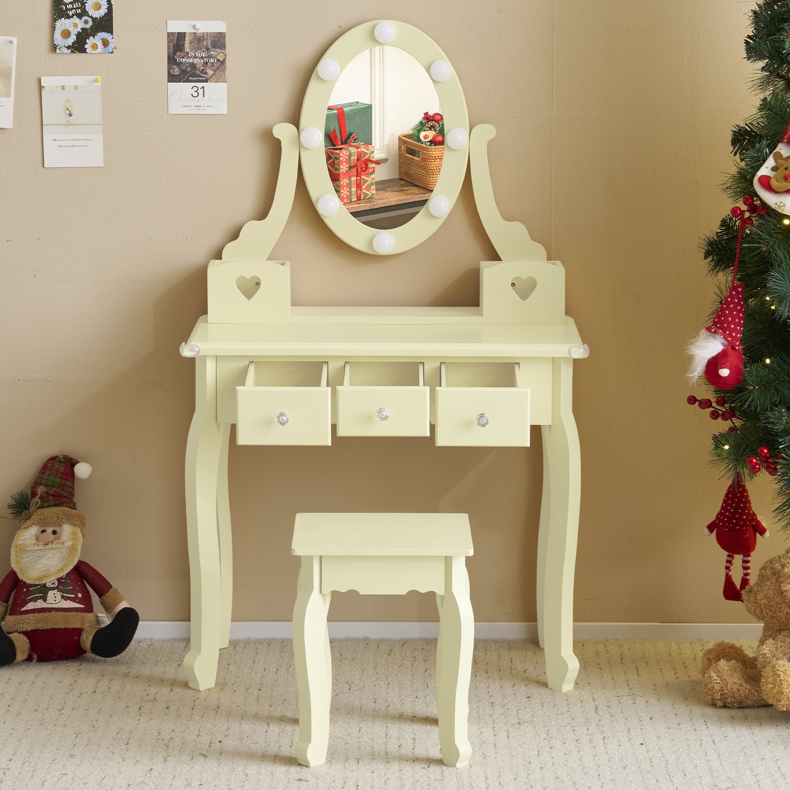 Kids Vanity Set with Mirror and Lights and Stool, 5 Storage Drawers ...