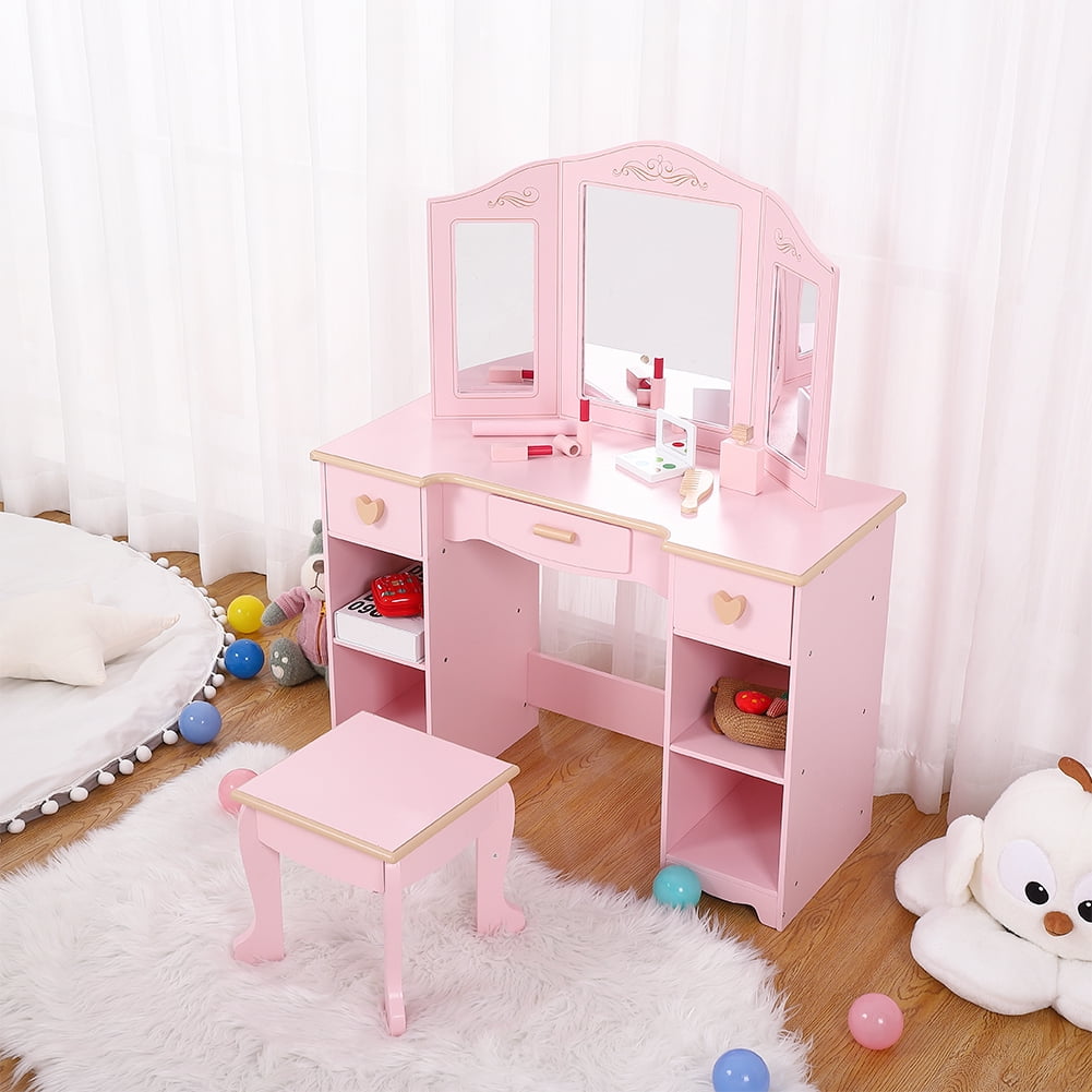 Kids Vanity Set, Pretend Play Vanity Set with Stool and Tri-Fold Mirror ...