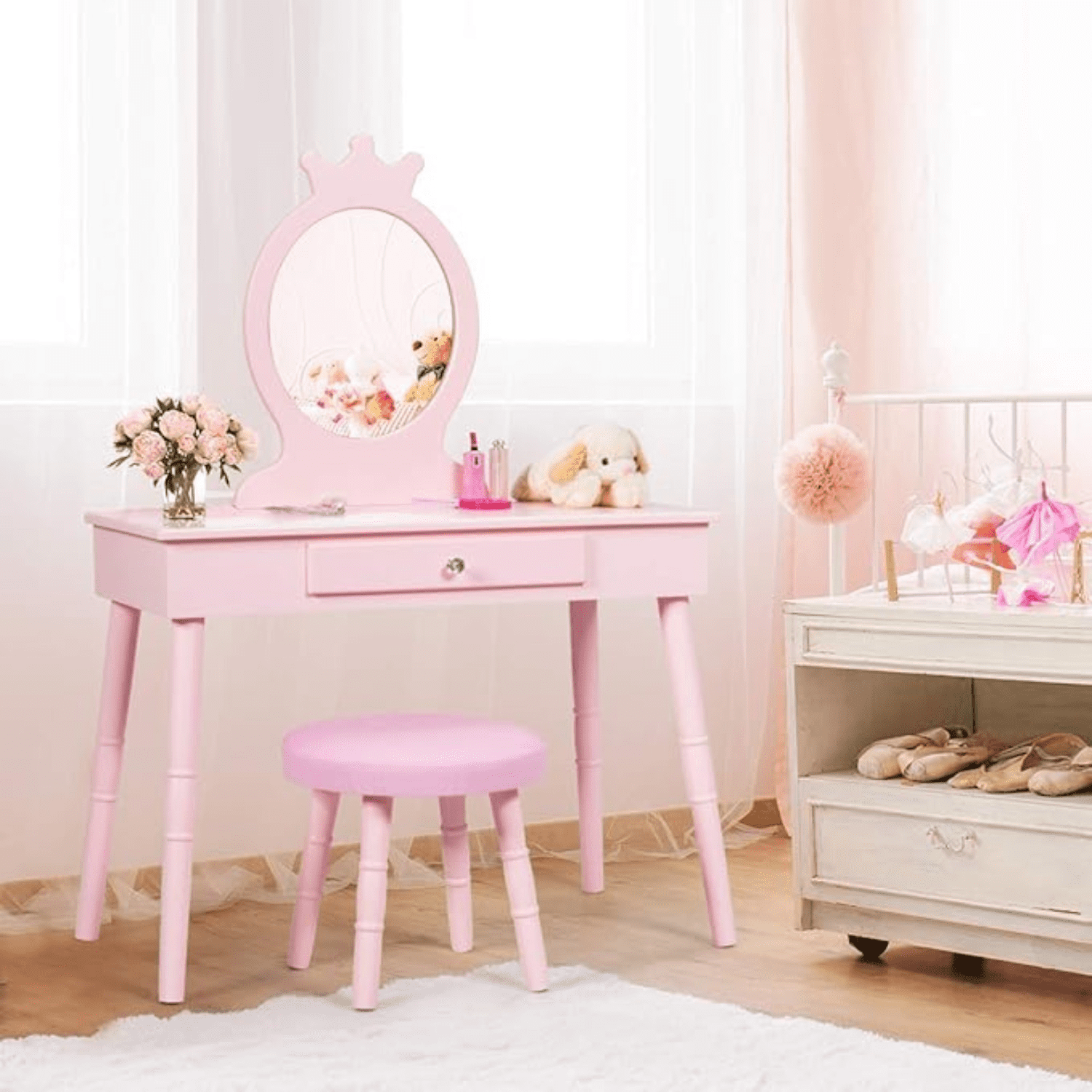 Kids Vanity Set, Wooden Princess Makeup Table with Cushioned Stool ...