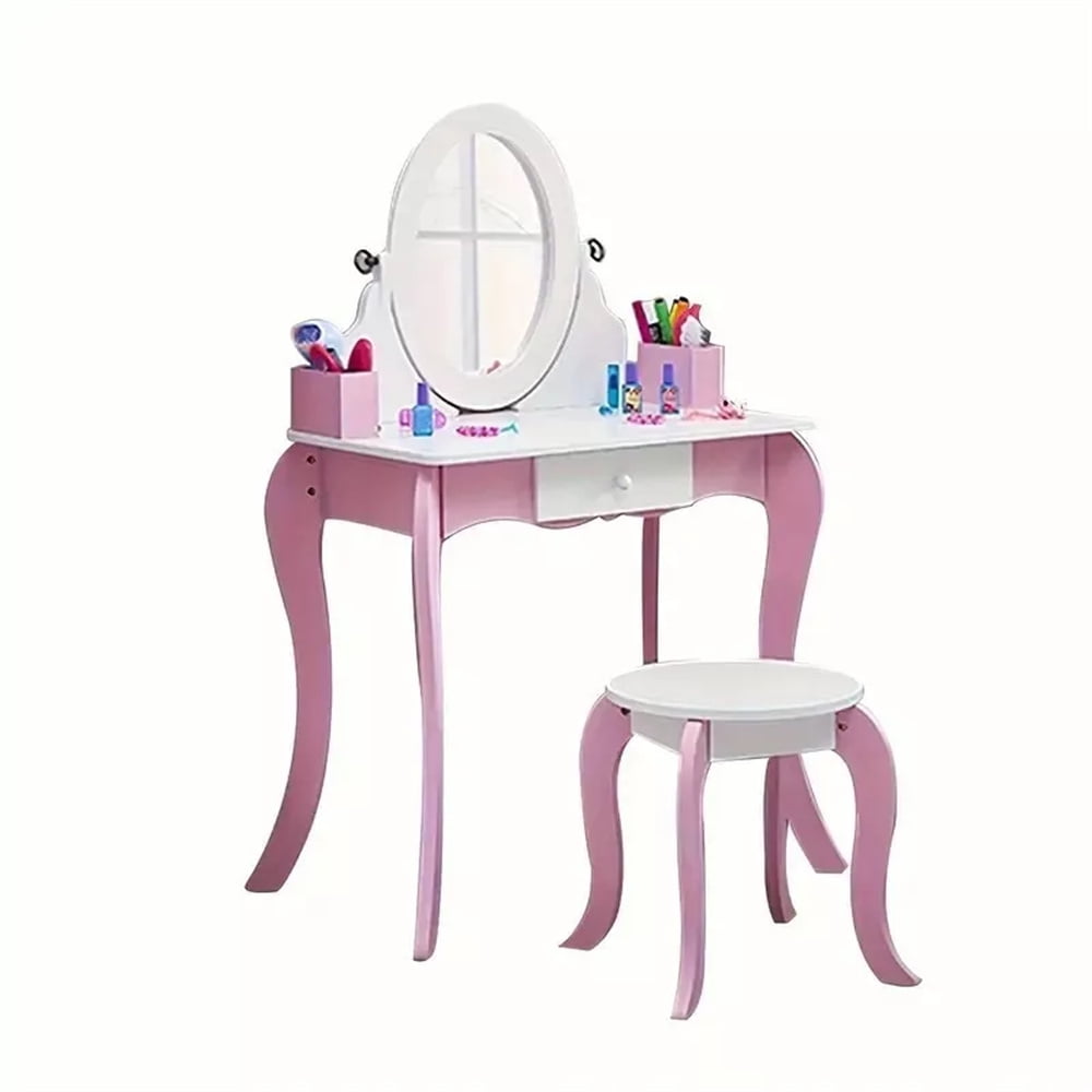 Kids Vanity Set, Wooden Princess Makeup Table with Stool, Tri-Folding ...