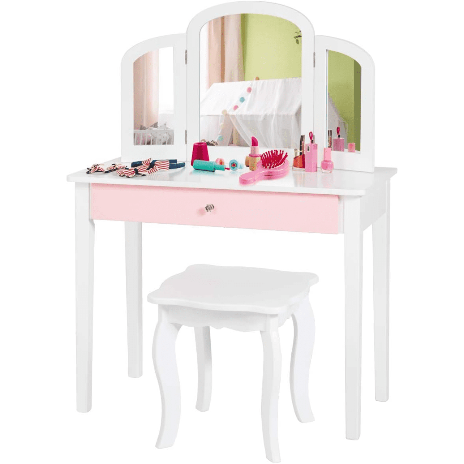 Kids Vanity Set w/Tri-Folding Mirror Princess Makeup Dressing Table w ...